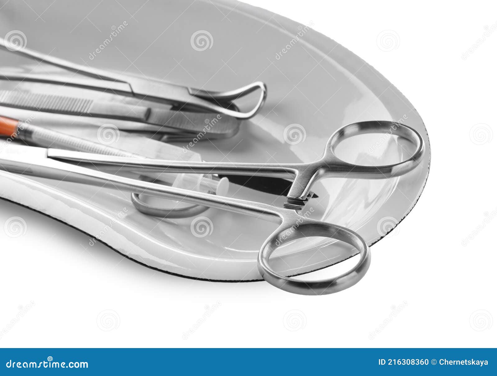 Surgical Instruments in Kidney Dish on White Background, Closeup Stock ...
