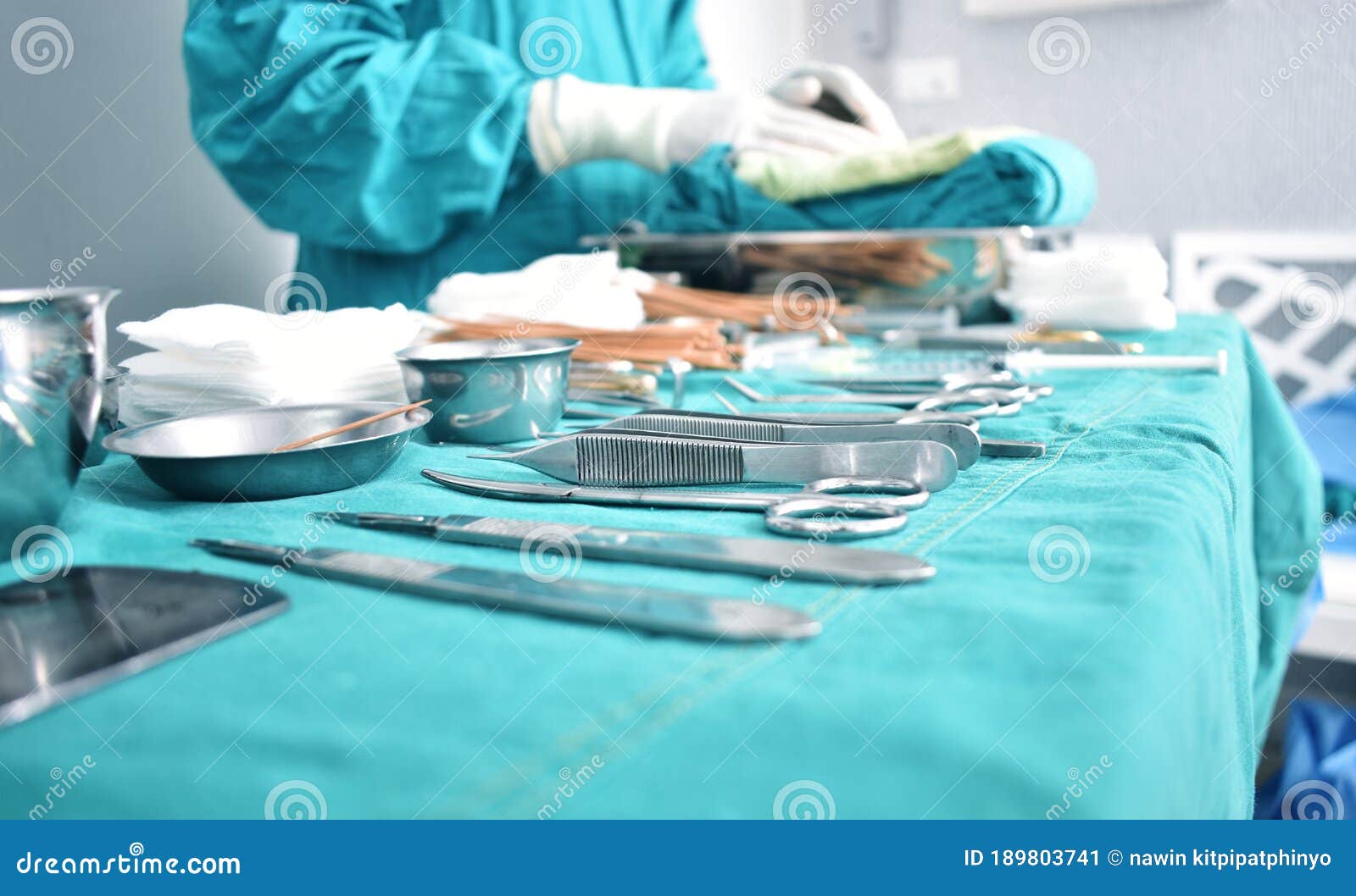 Surgical Instruments, Surgery, Placed on a Sterile Green Cloth Stock ...