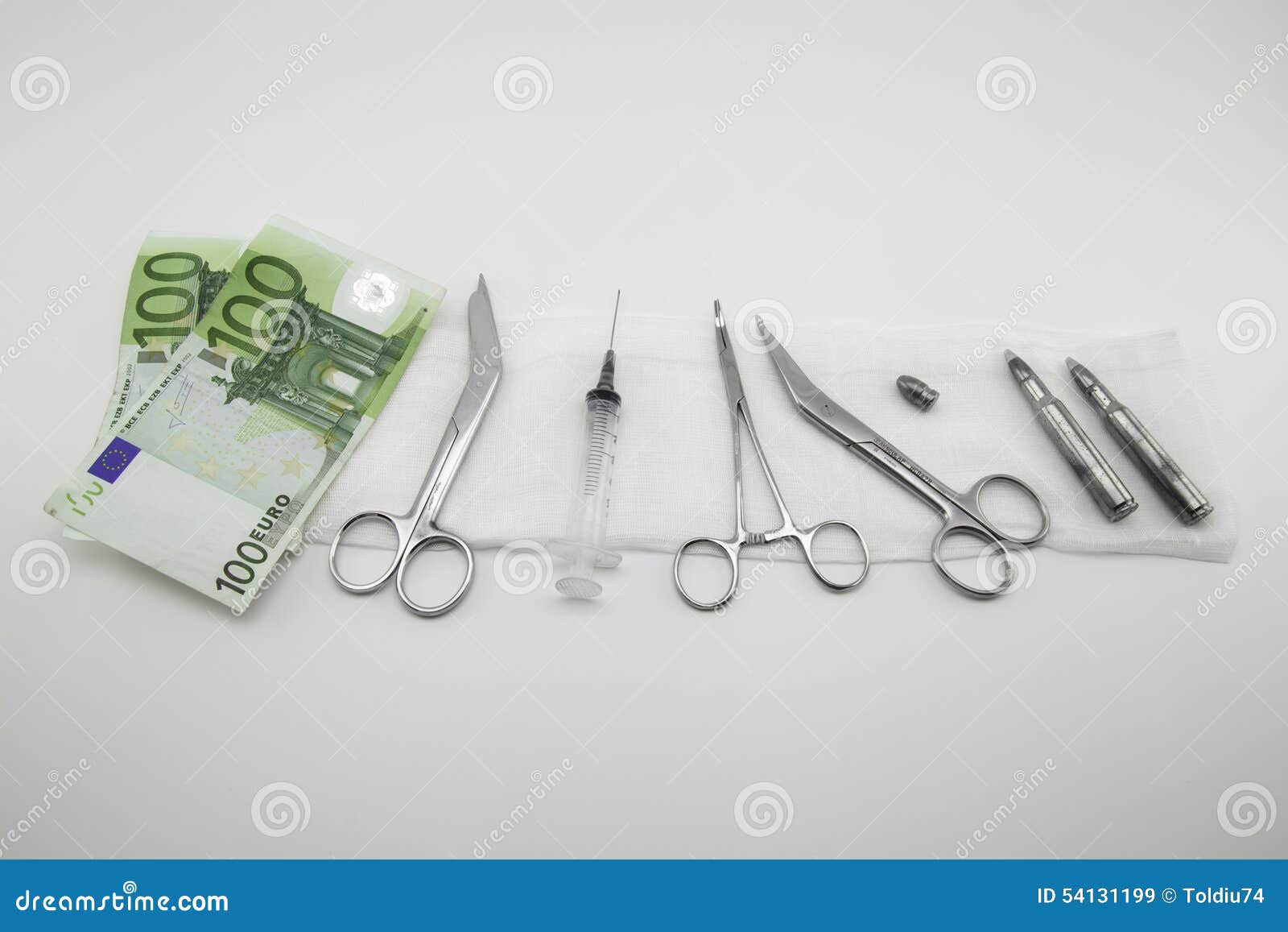 Surgical Instruments, Syringe, Ammunitions and Money Stock Image ...