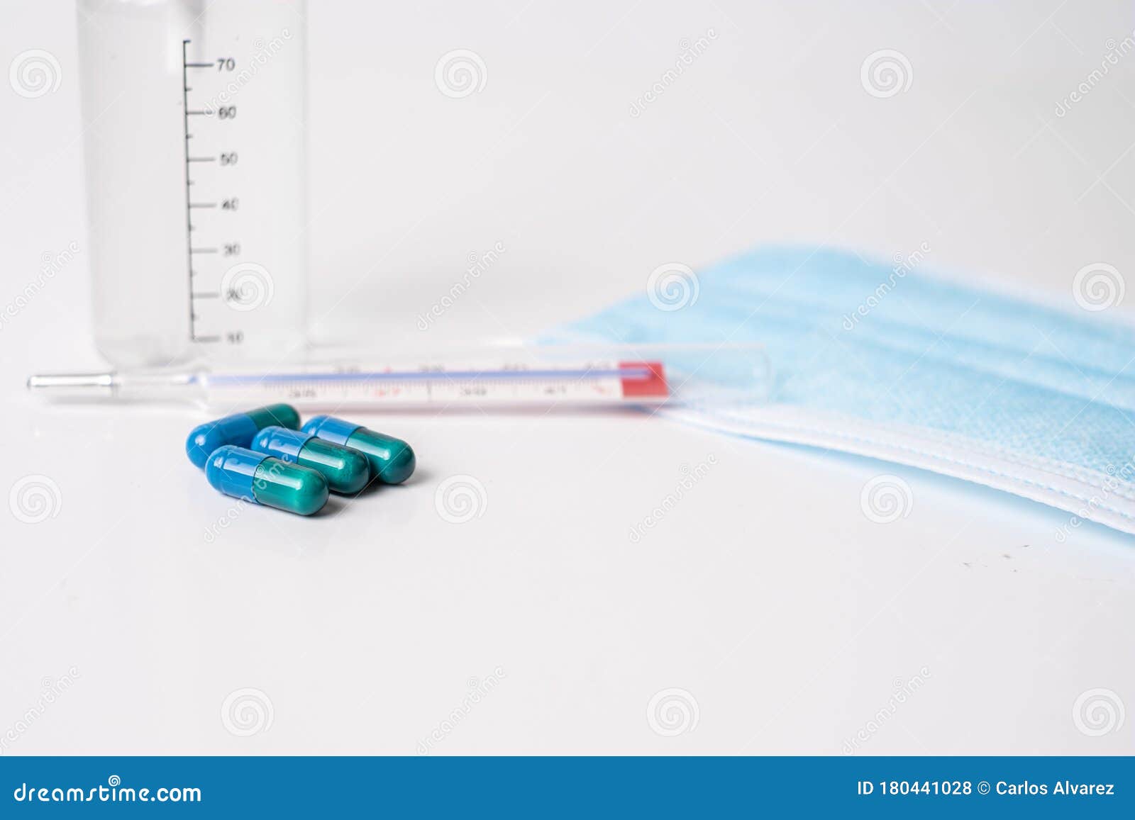 Surgical Mask Medicinal Capsules and Thermometer Stock Photo - Image of ...
