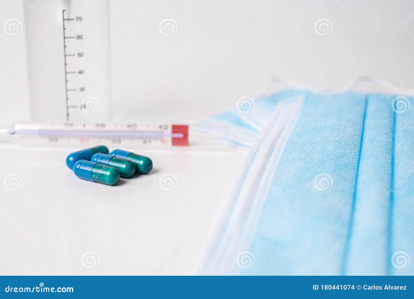 Surgical Mask Medicinal Capsules and Thermometer Stock Photo - Image of ...