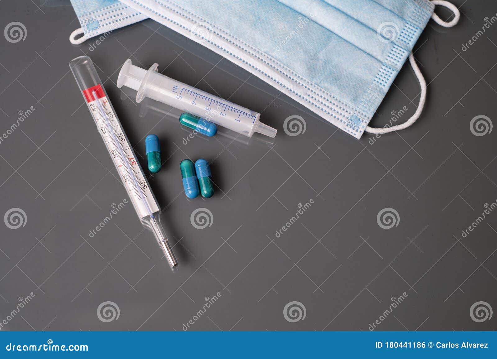 Surgical Mask Medicinal Capsules and Thermometer Stock Photo - Image of ...