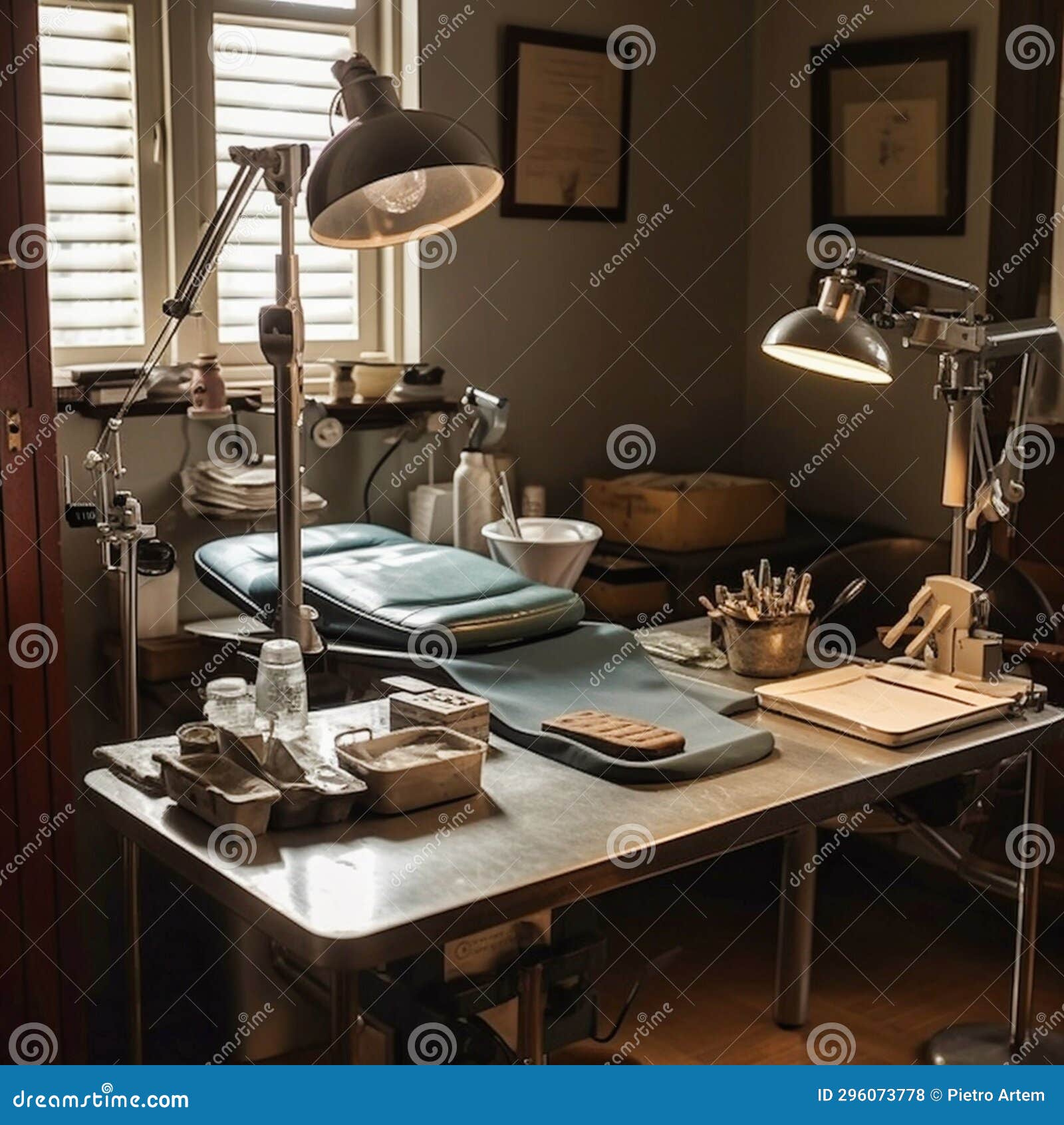 Surgical Table with Lamp and Instruments Stock Photo - Image of ...