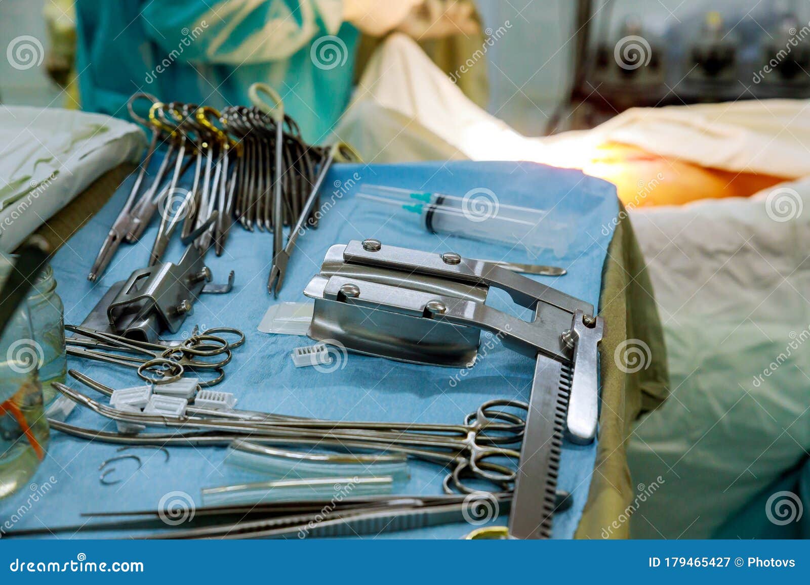 Surgical Tools Lying on Table of Surgeons at Work Operating in Surgical ...
