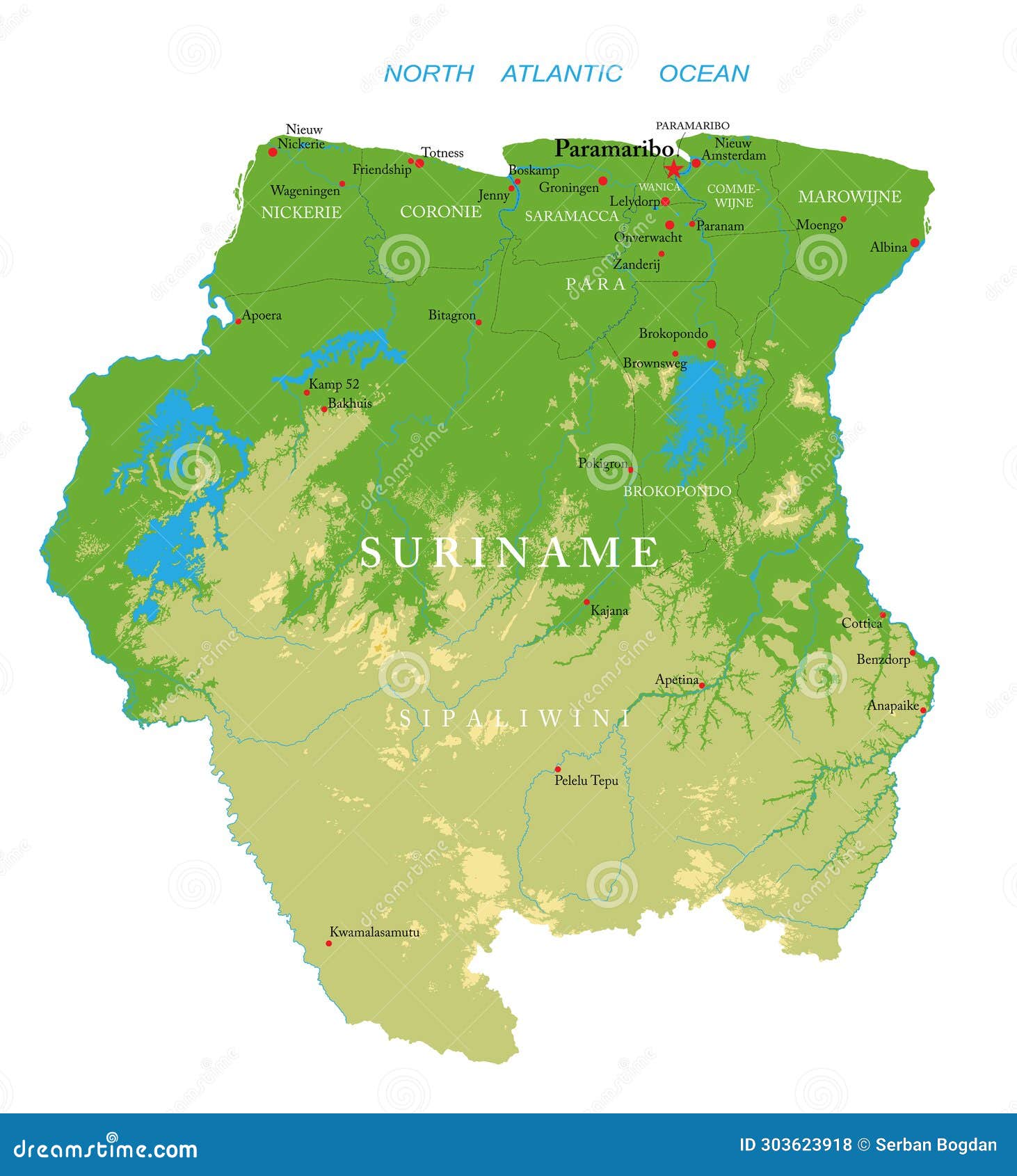 Suriname-highly Detailed Physical Map Stock Vector - Illustration of ...