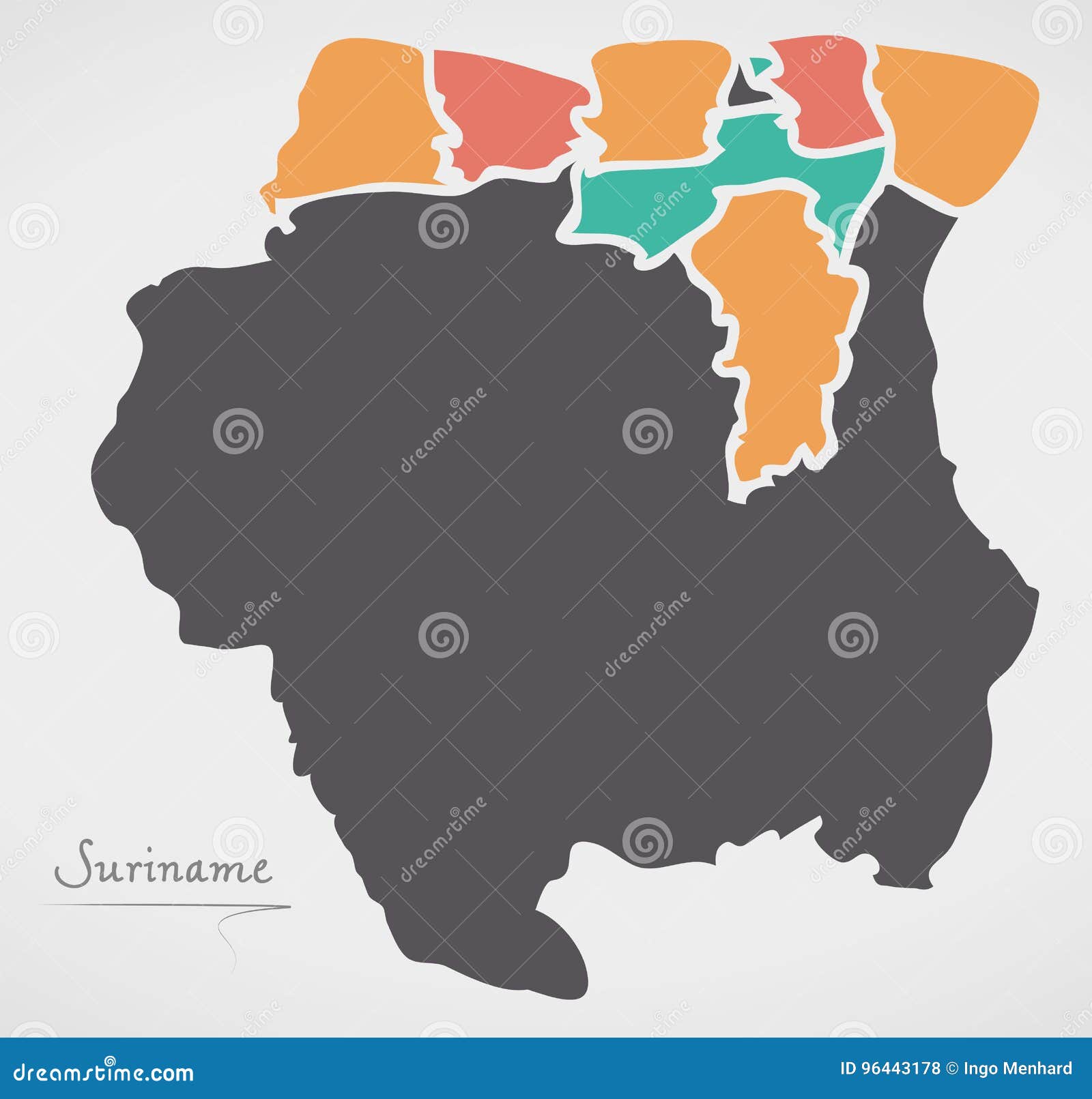 Suriname Map with States and Modern Round Shapes Stock Vector ...