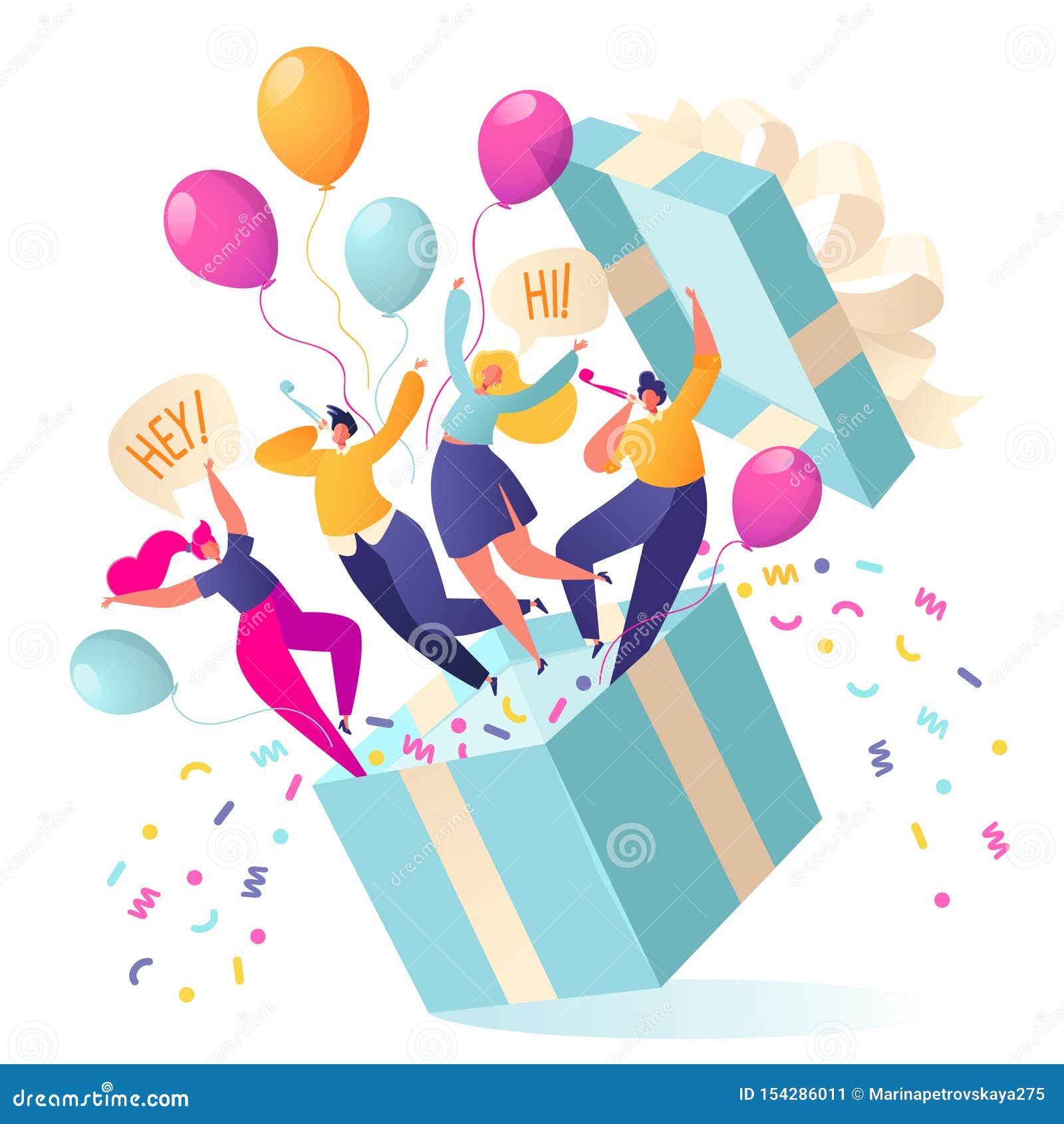 Joyful, Flat Characters People Jump Out of the Gift Box. Friends Made a ...