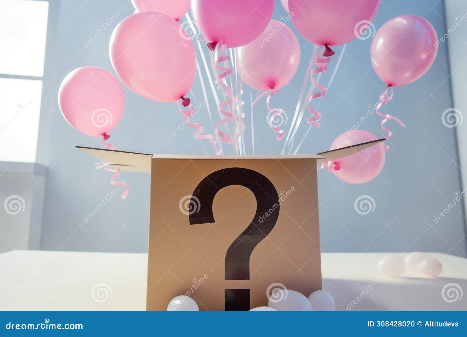 Surprise Box with Question Mark Opening with Pink Balloons Flying Out ...