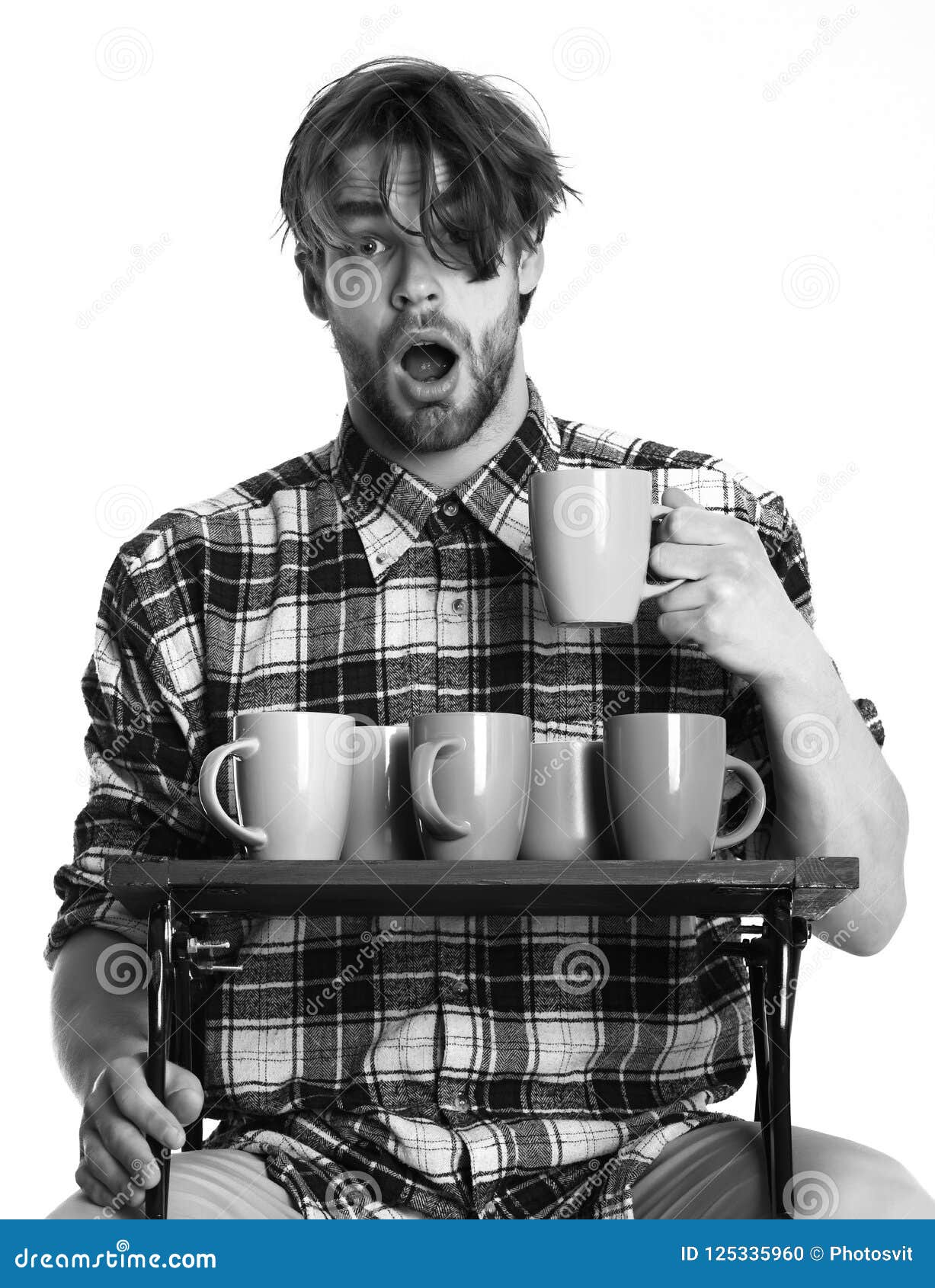 Surprise Face Holding Tray With Colorful Cups Isolated On White ... Surprise Face Holding Tray With Colorful Cups Isolated On White ...