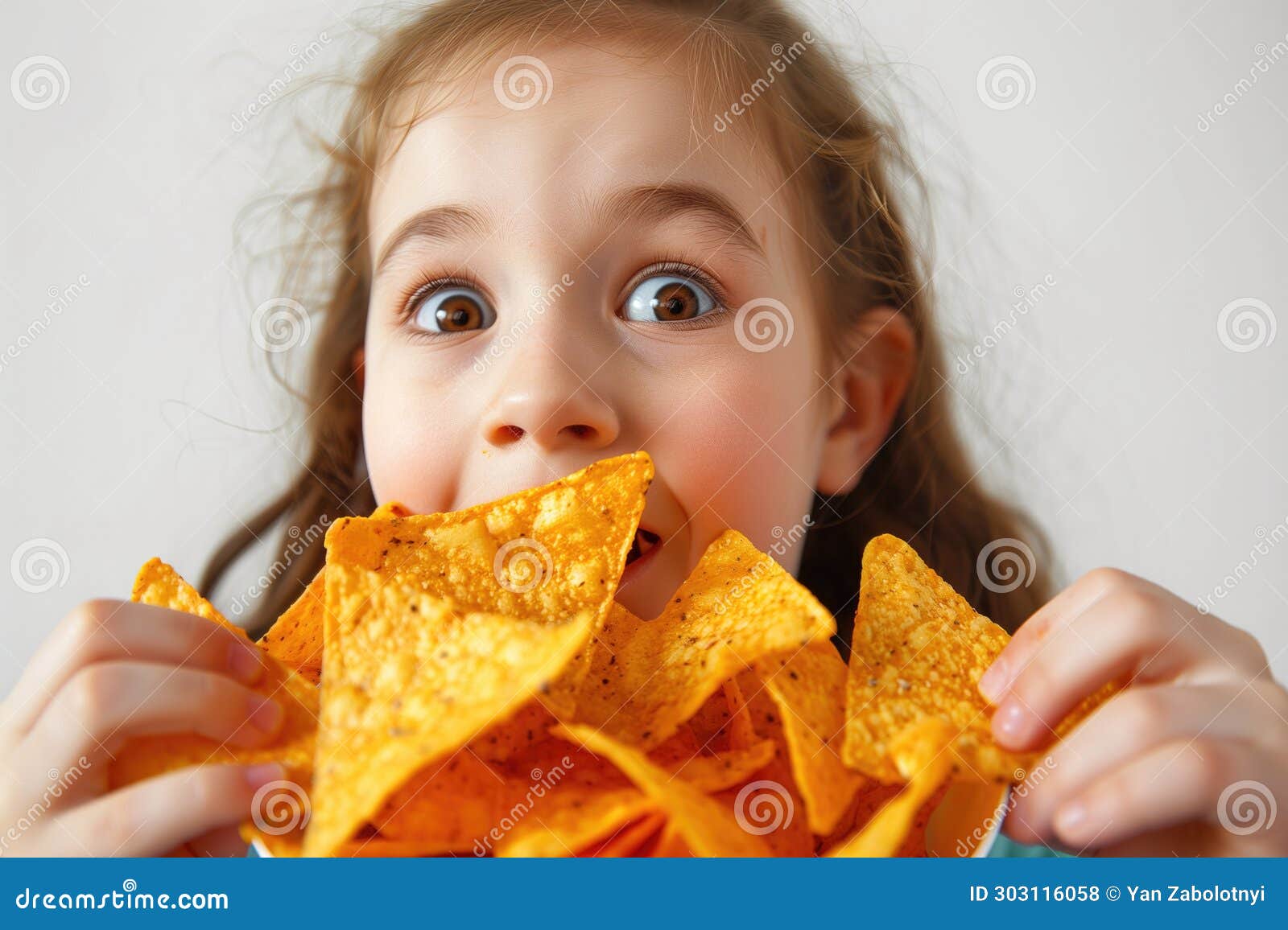 Surprise Girl Eats Nacho Chips on White Background Stock Illustration ...