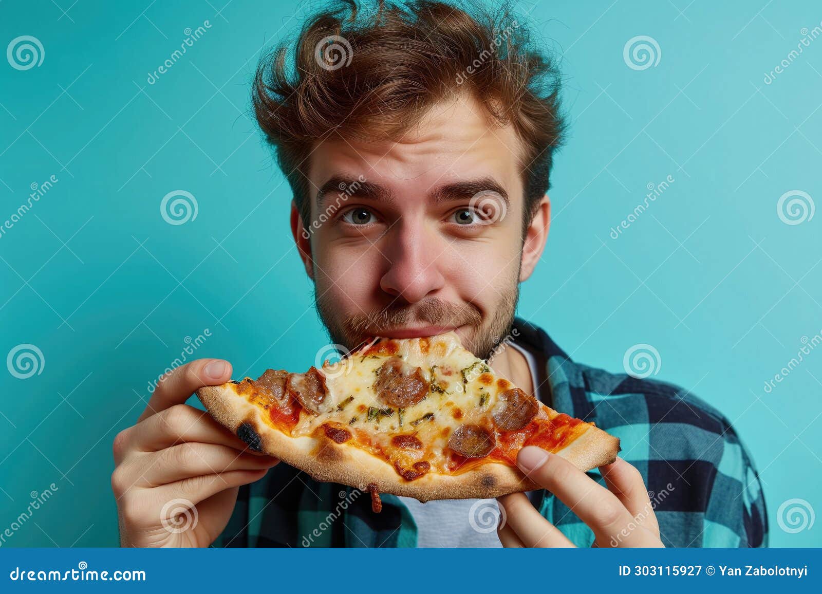 Surprise Yearold Man Eats Pizza on Turquoise Background Stock ...