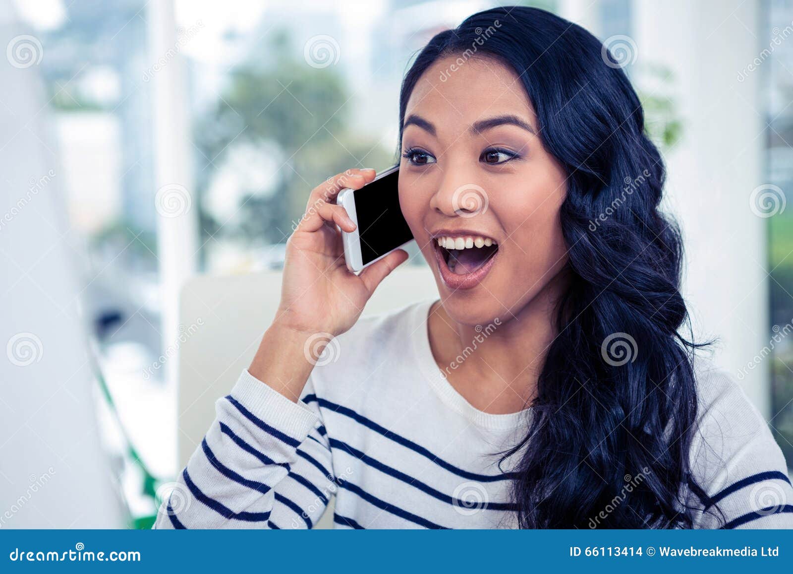 Surprised Asian Woman on Phone Call Stock Photo - Image of computer ...
