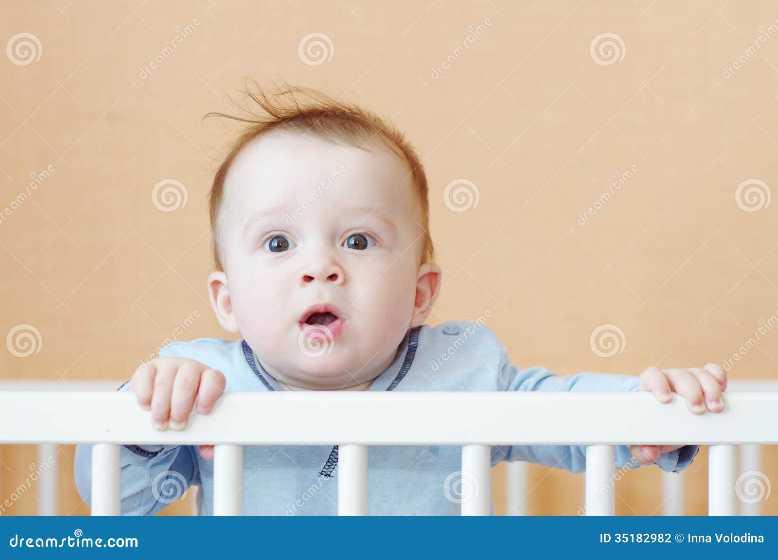 Surprised Baby in White Bed Stock Photo - Image of mime, portrait: 35182982