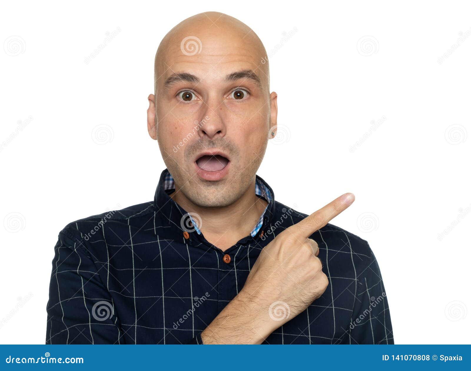 Surprised Bald Man Pointing Finger To Copy Space Stock Photo - Image of ...