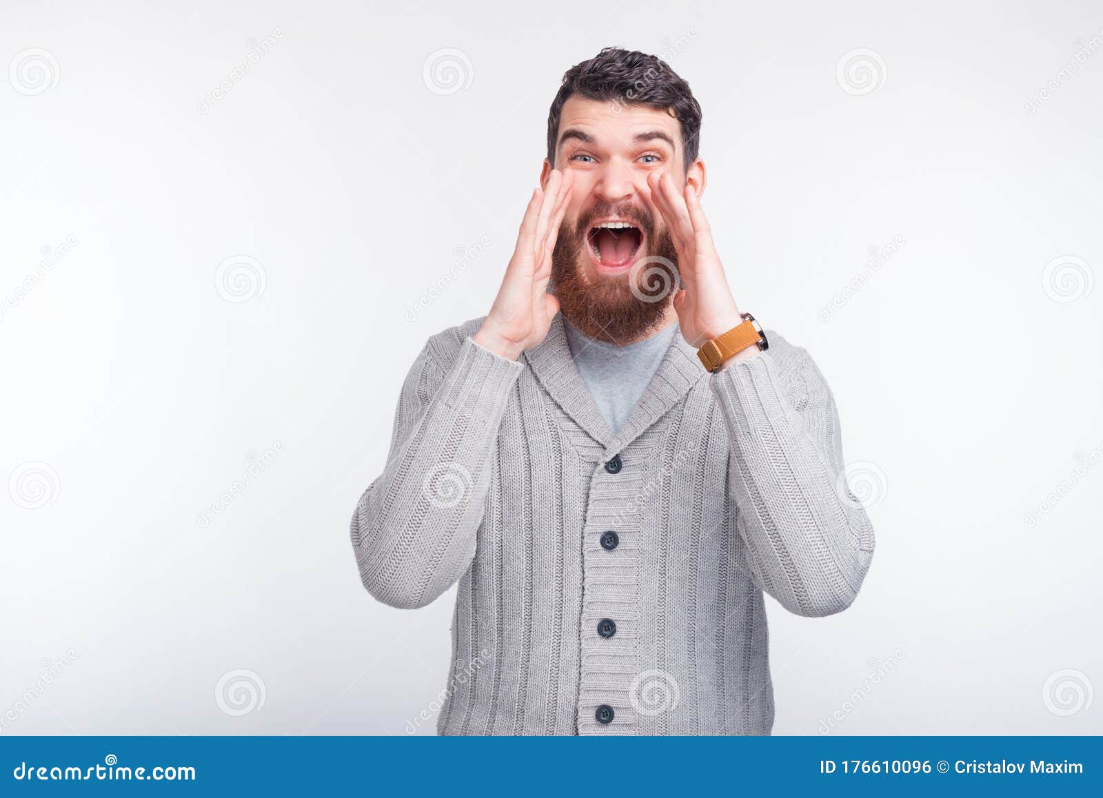 Bearded Man is Shouting at the Camera Some Good News. Stock Photo ...