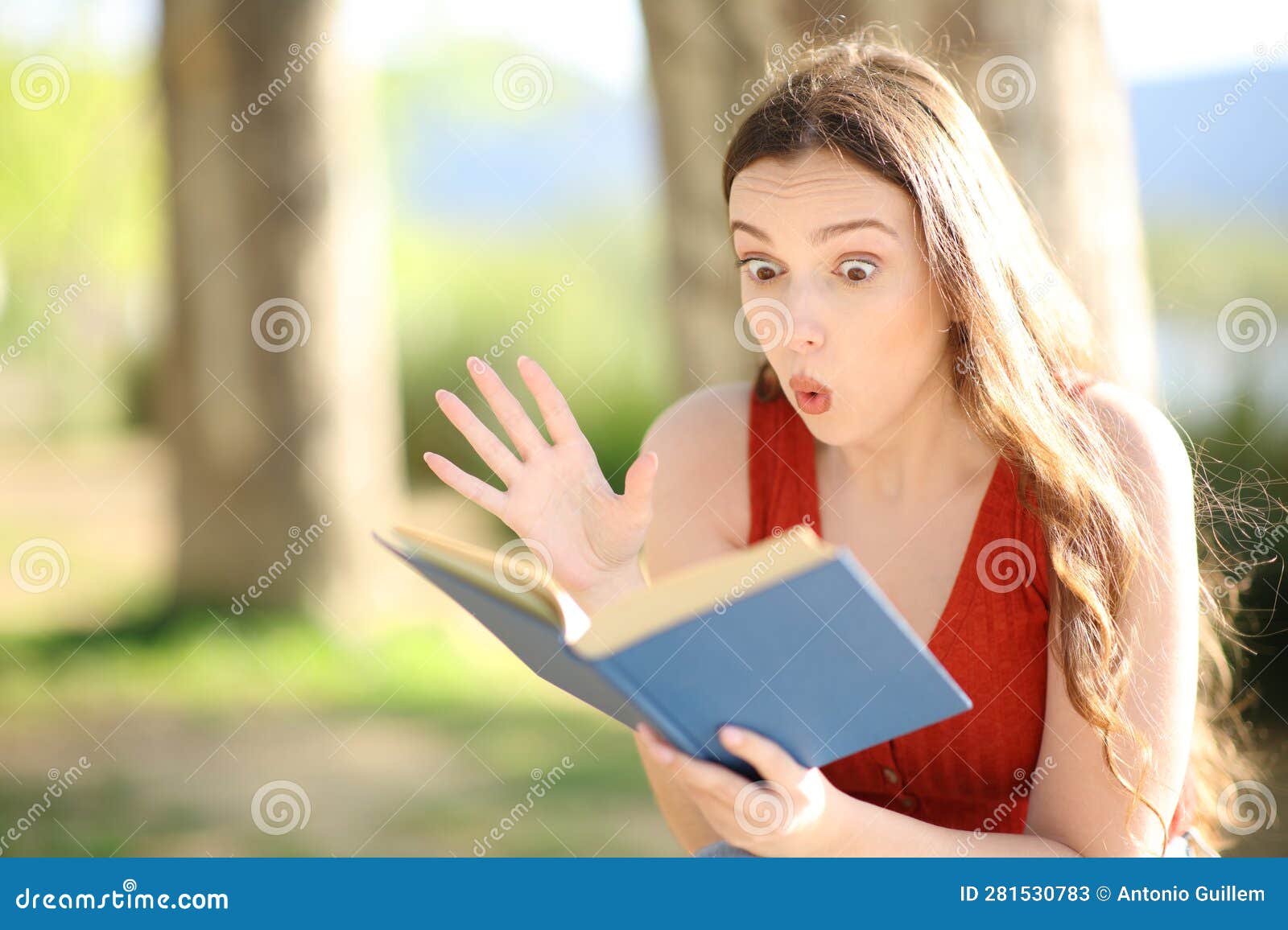 Surprised Book Reader Reading in Nature Stock Image - Image of nature ...