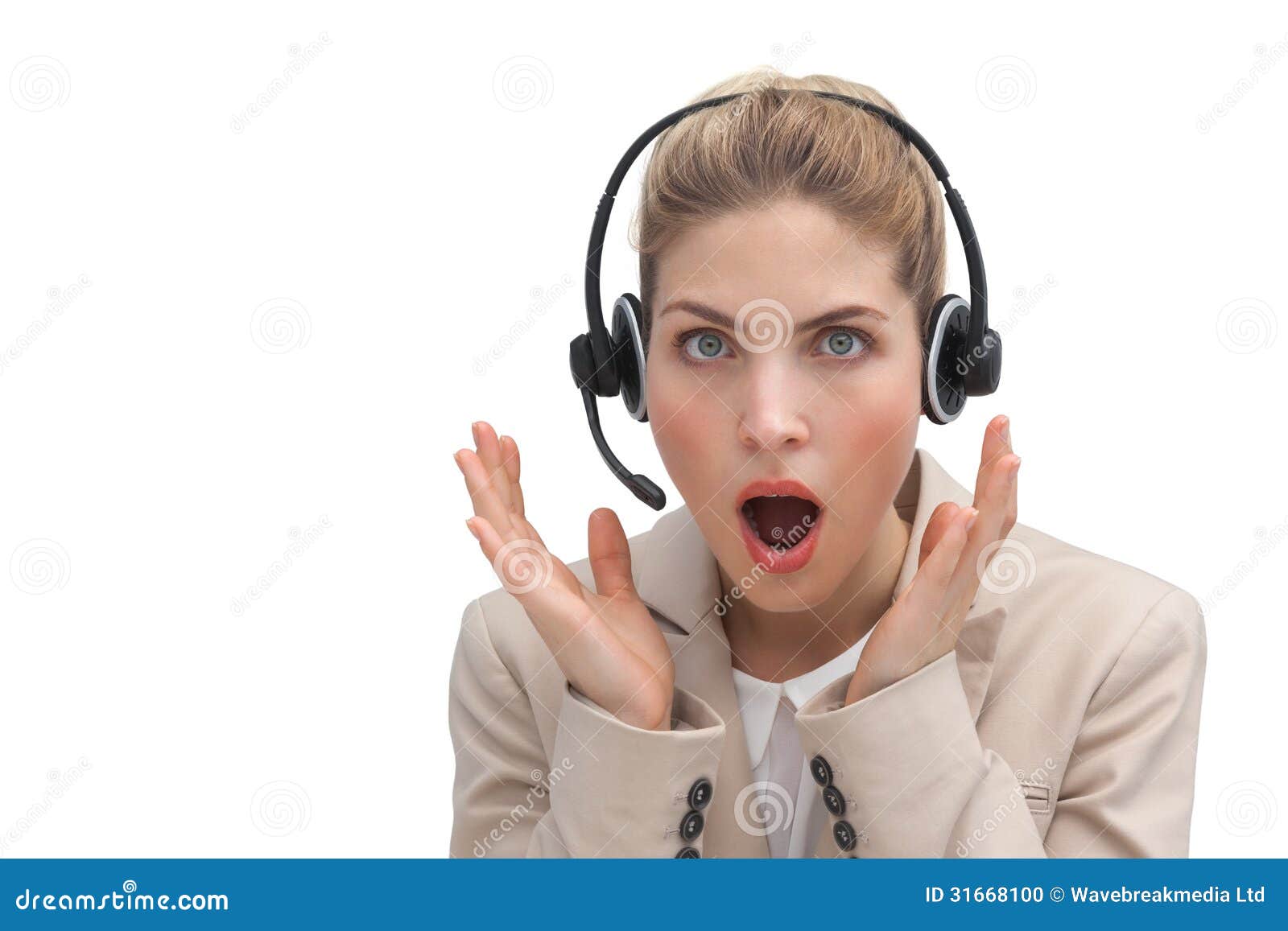 Surprised Call Center Agent with Hands Raised Stock Photo - Image of ...