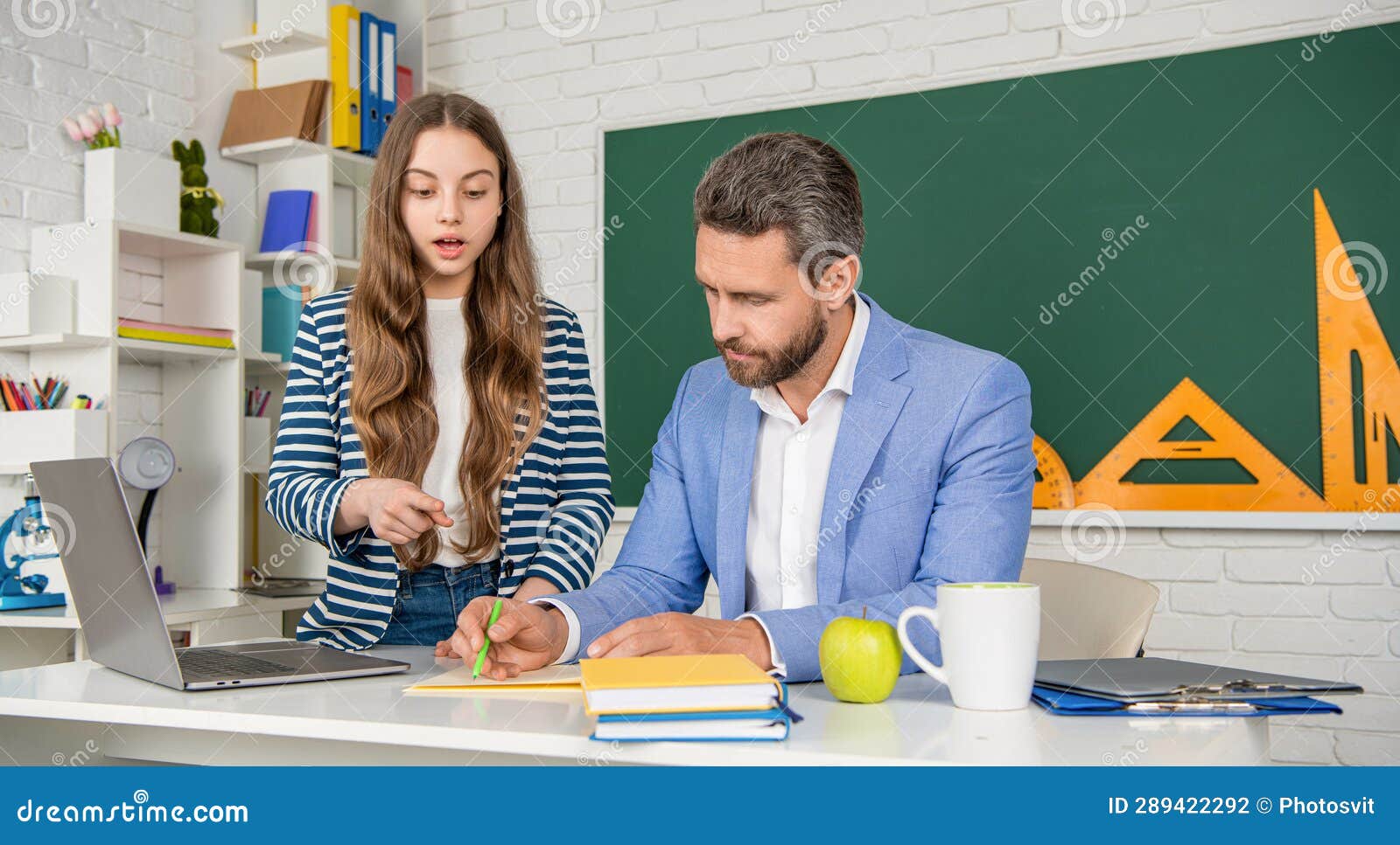 Surprised Child Study in Classroom with Teacher Stock Photo - Image of ...