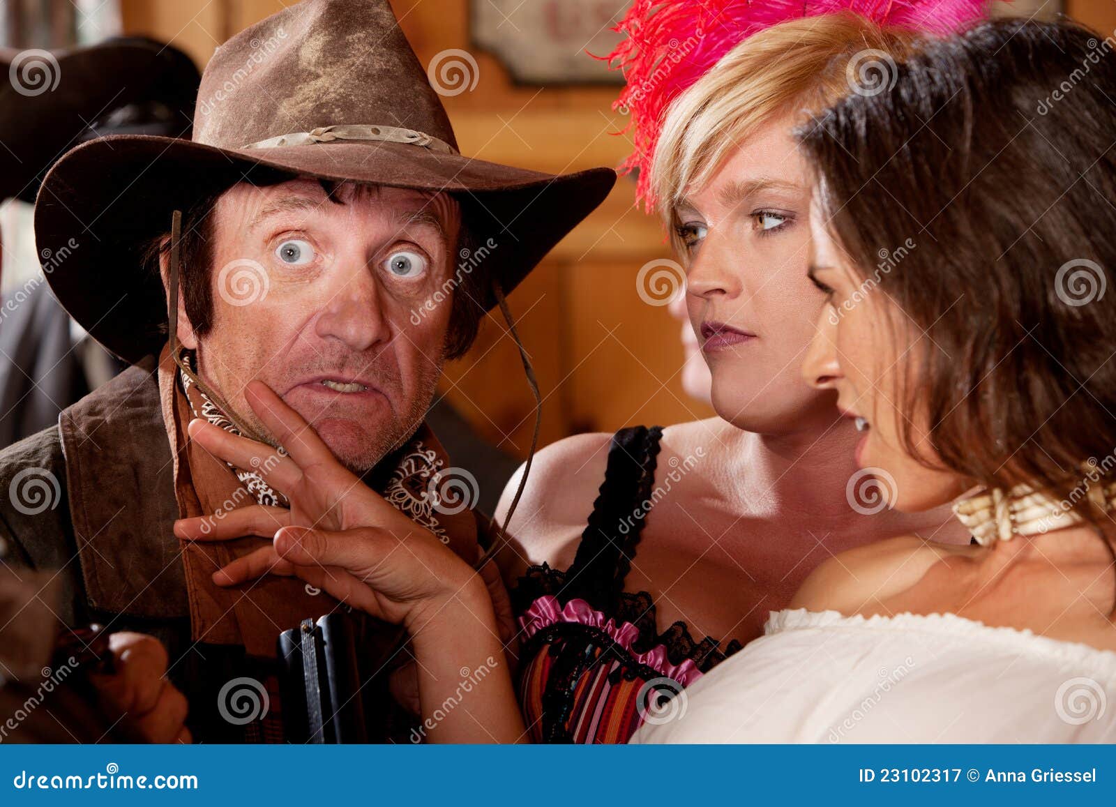 Surprised Cowboy and Two Lovely Women Stock Image - Image of expression ...