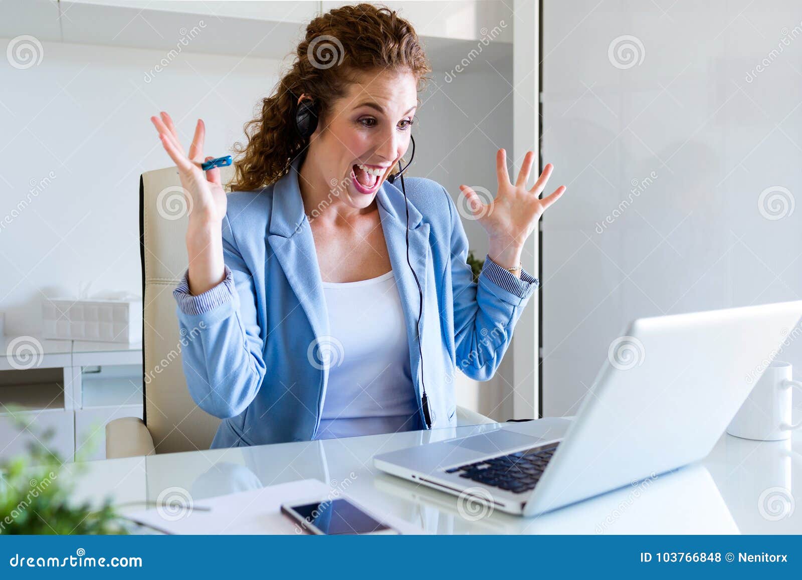 Surprised Customer Service Operator Talking on Phone in the Office ...