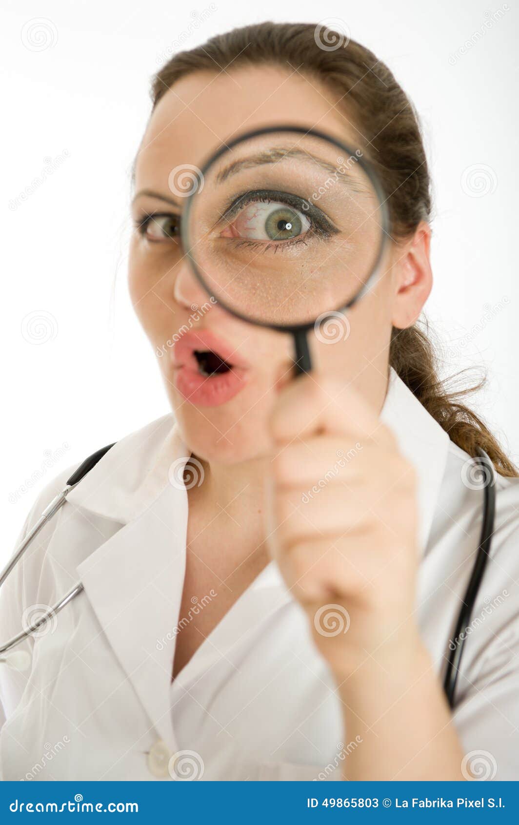 Surprised Female Doctor with Magnifying Glass Stock Image - Image of ...