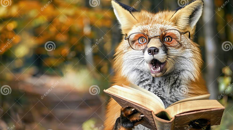 A Surprised Fox Reading a Book in the Woods Stock Illustration ...
