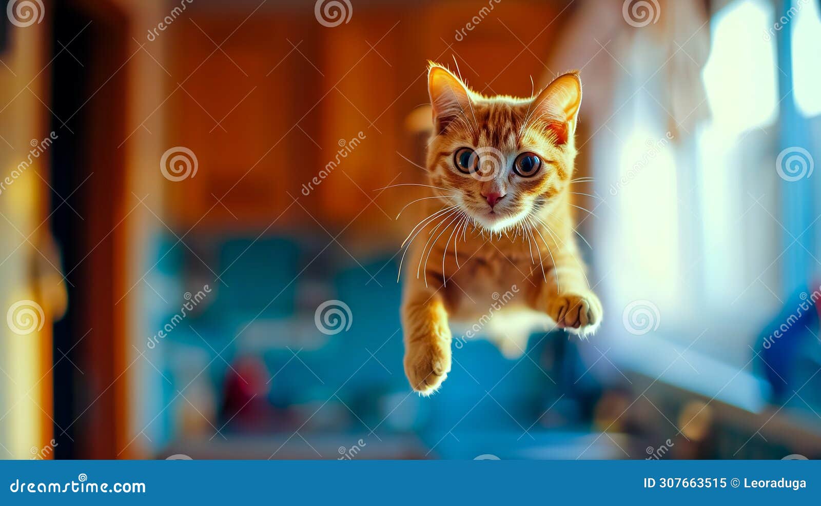 Surprised Funny Cat Flying. Cat Jumping Mid-air Looking at Camera Stock ...