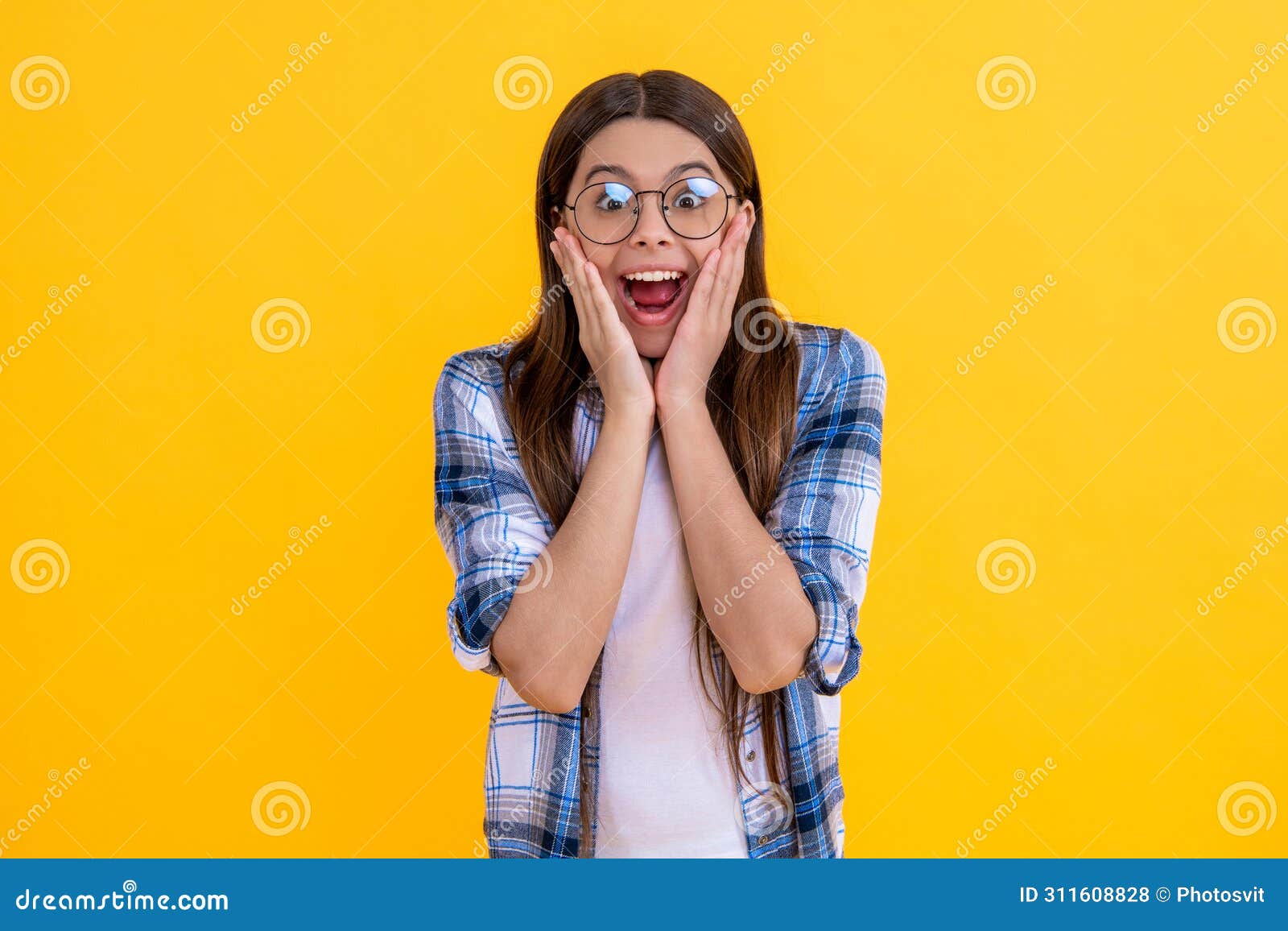 Surprised Girl With Eyesight Glasses And Checkered Shirt Teenage Girl Wear Eyesight Glasses