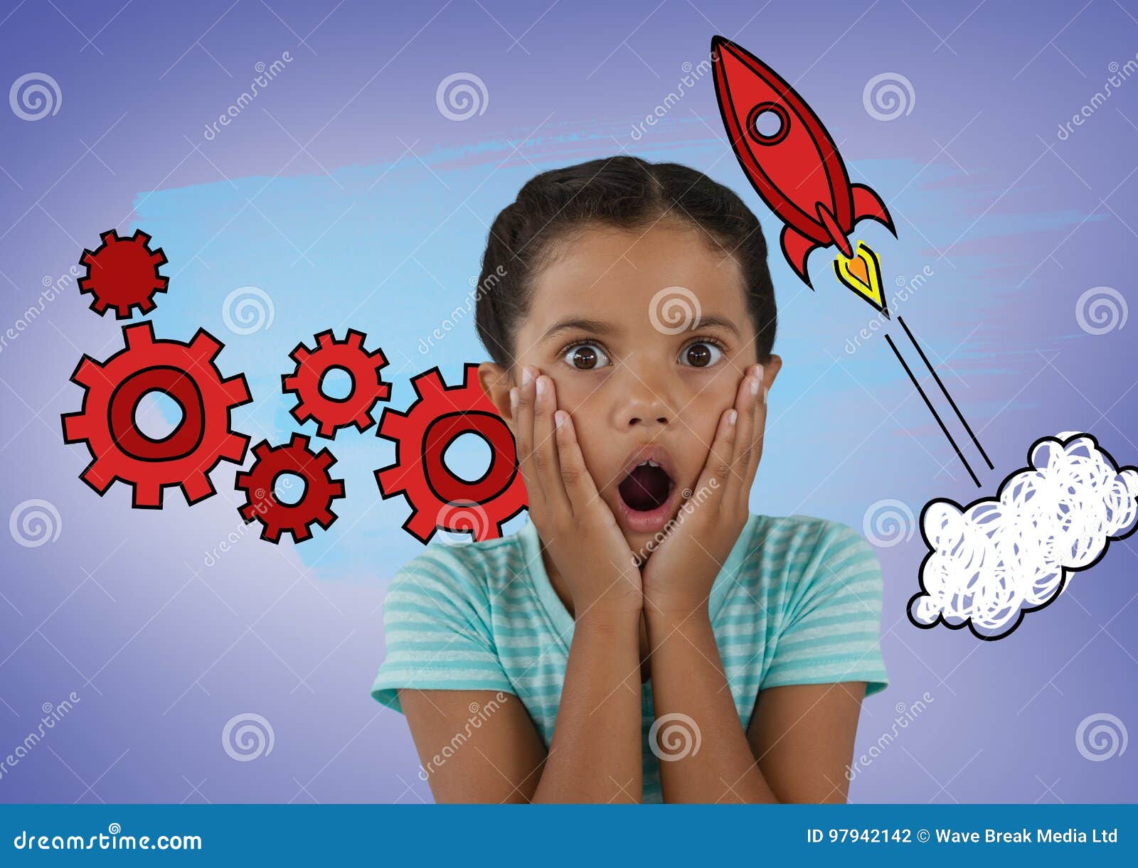 Surprised Girl in Front of Rocket and Cog Graphics Stock Photo - Image ...