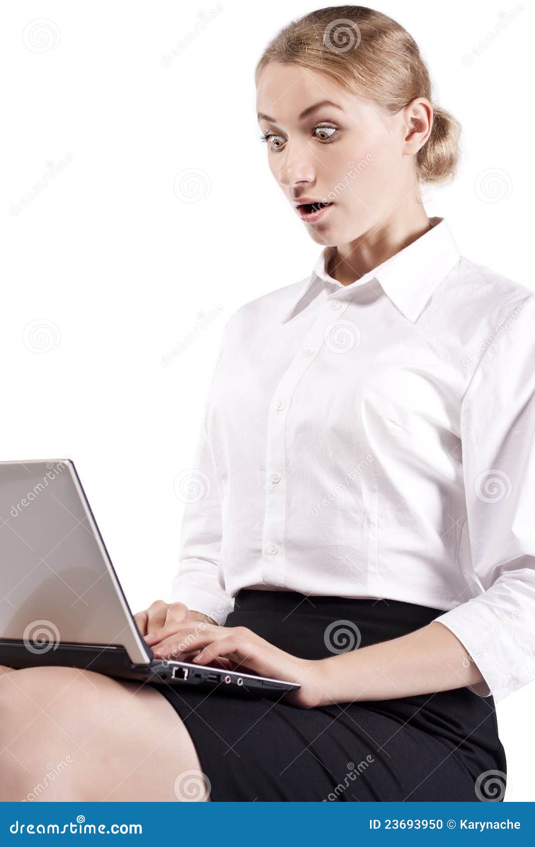 Surprised Girl with Laptop Over White Stock Photo - Image of caucasian ...