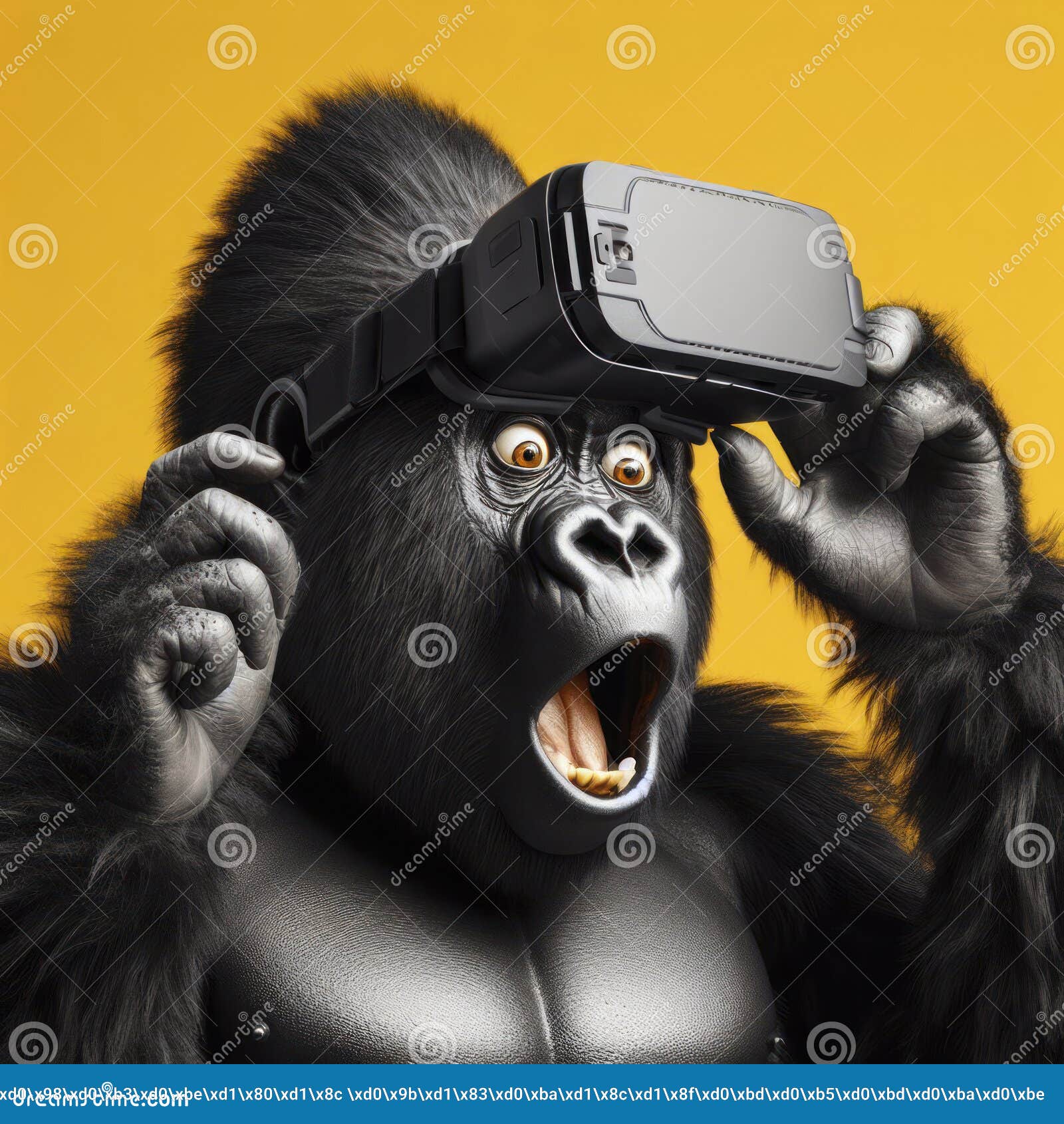 Surprised Gorilla Using Virtual Reality Headset on Bright Yellow ...