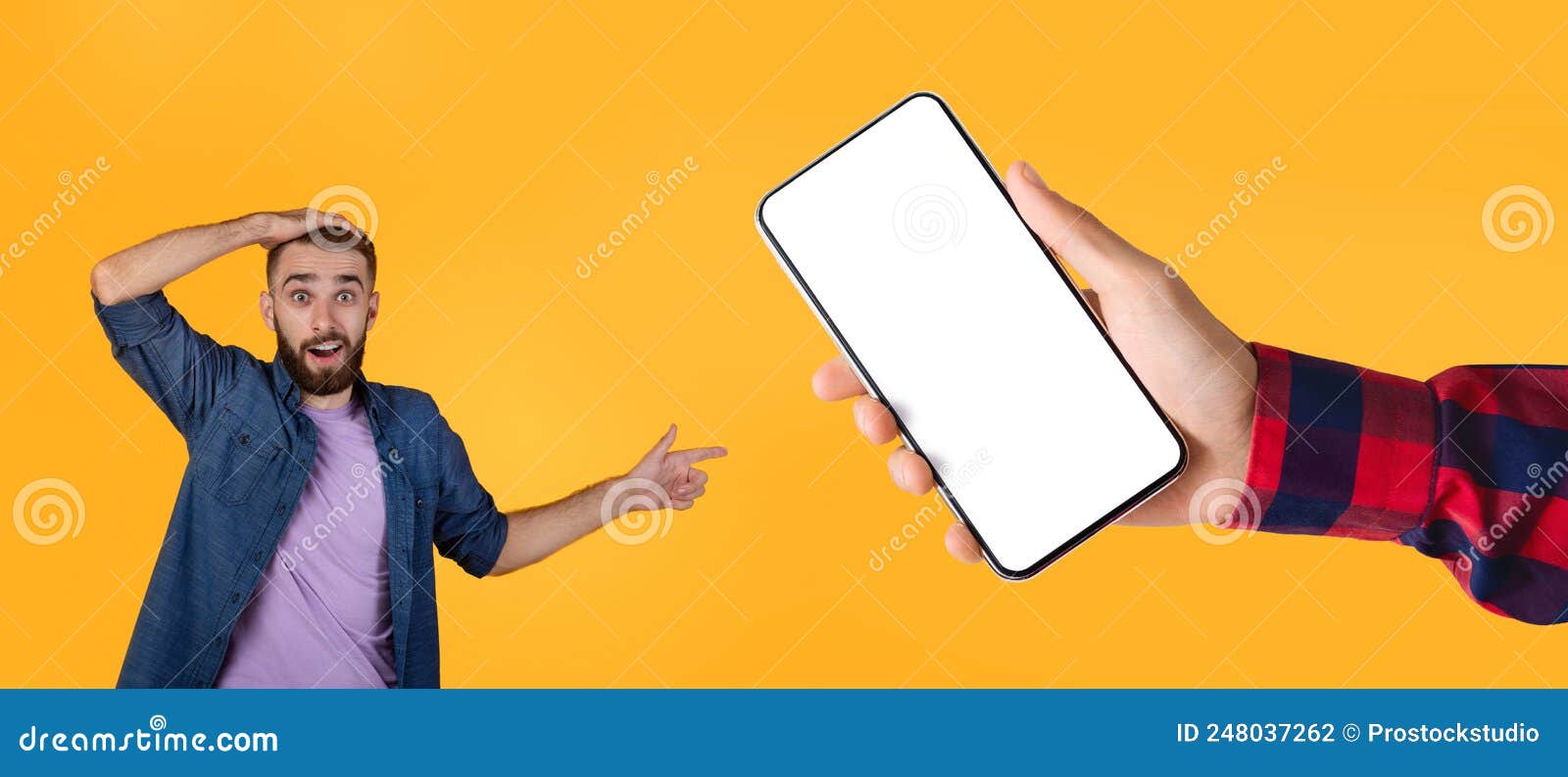 Surprised Guy Grabbing Head Pointing at White Empty Smartphone Screen ...