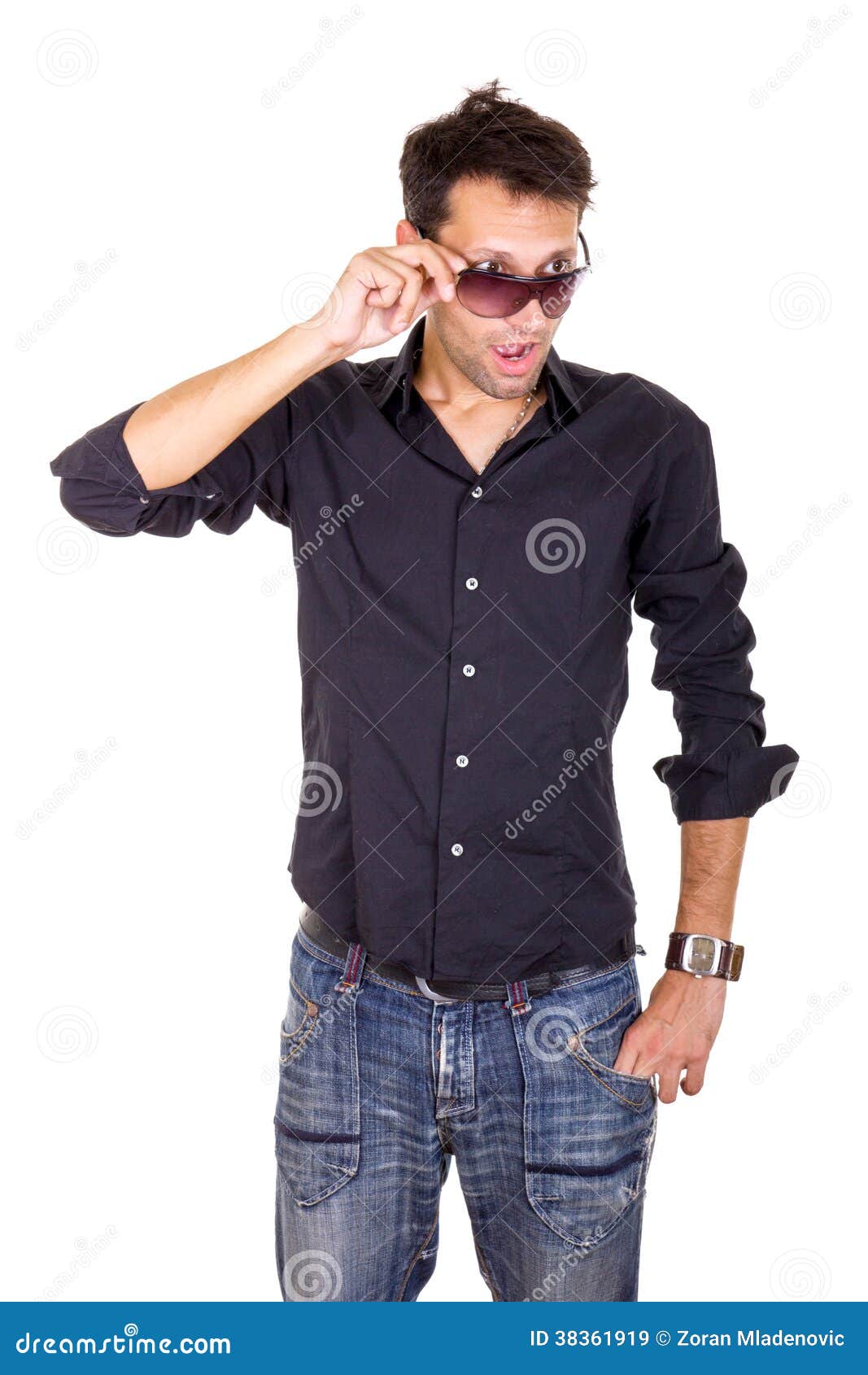 Surprised Handsome Man Looking Under Sunglasses Making Eye Contact ...