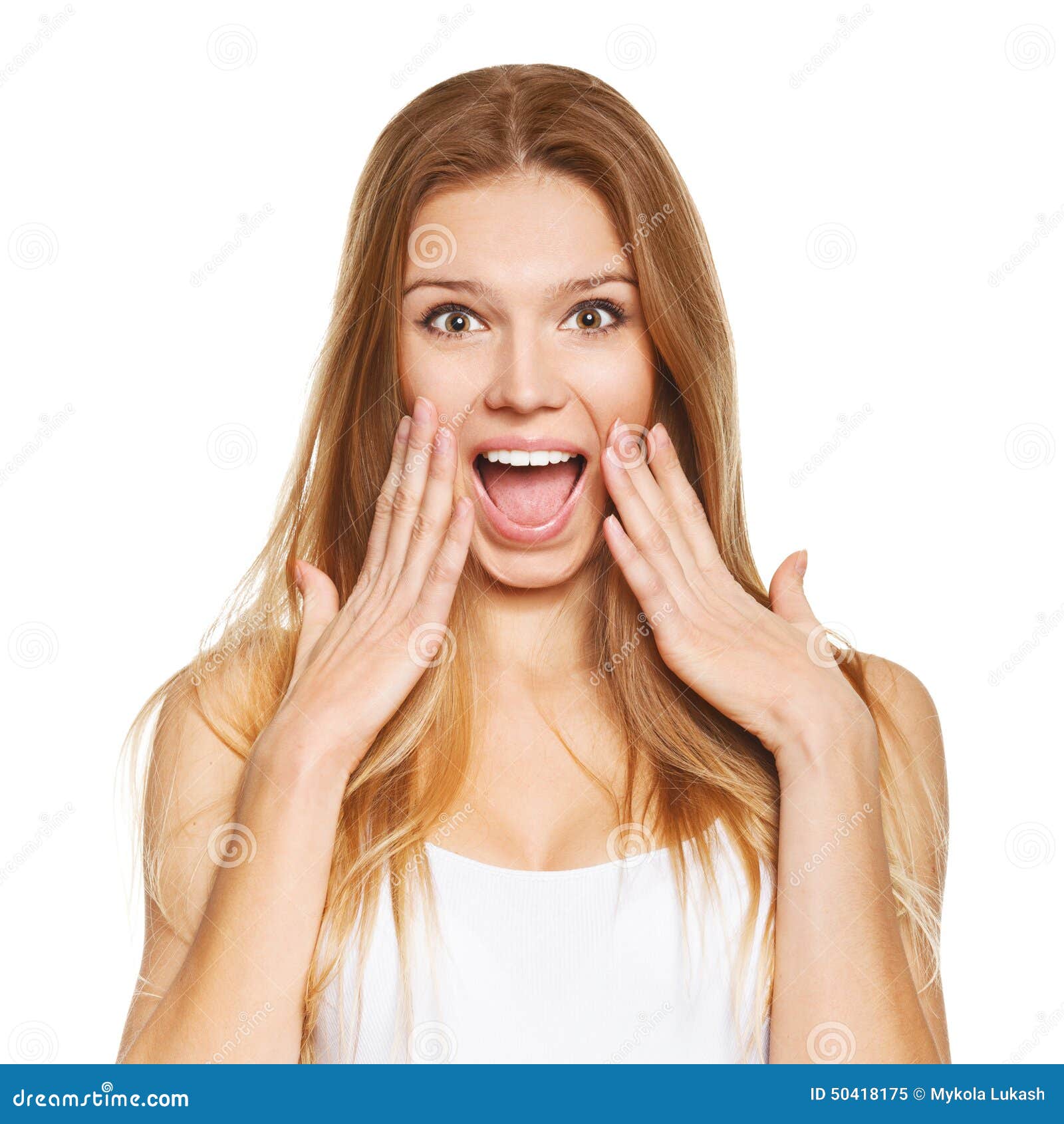 Surprised Happy Beautiful Woman In Excitement Isolated Over White