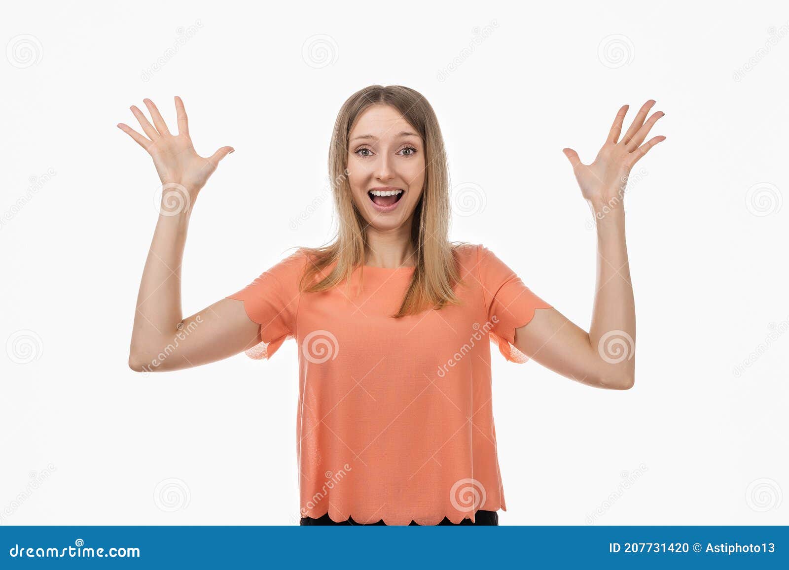 Surprised And Happy Blond Girl Express Overjoy And Surprised Spread