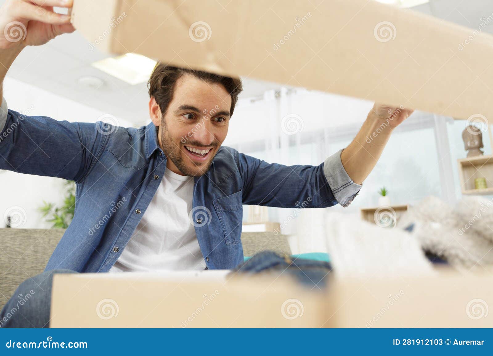 Surprised Happy Man Unboxing Gift Box Stock Image - Image of receive ...
