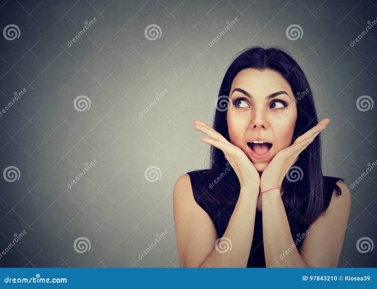 Surprised Happy Woman Looking Sideways Stock Photo - Image of news ...