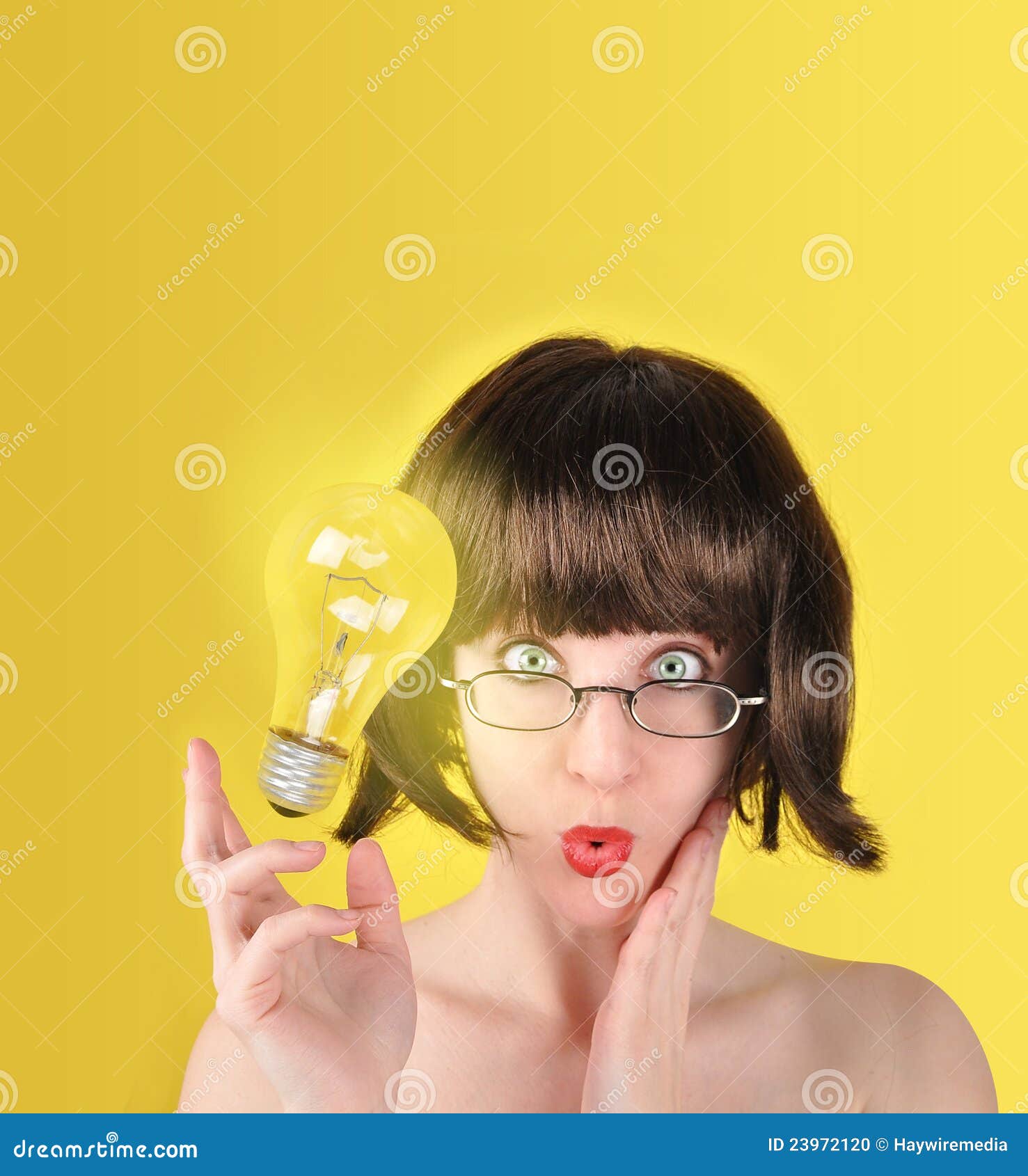 Surprised Idea Woman with Lightbulb Stock Photo - Image of bright ...