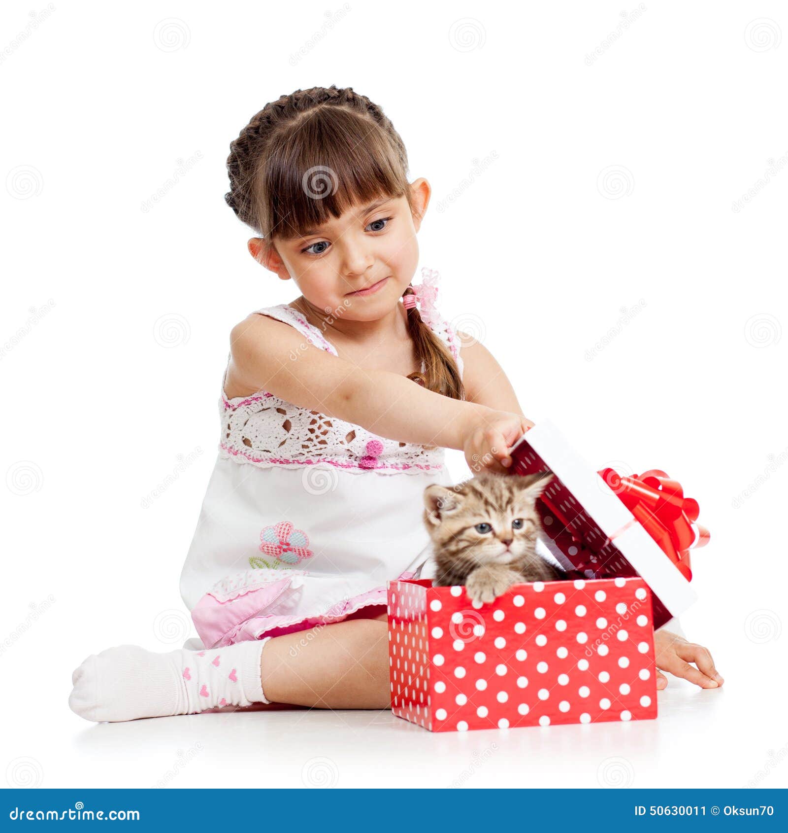 Surprised Kid Girl Opening Gift Box with Kitten Stock Image - Image of ...