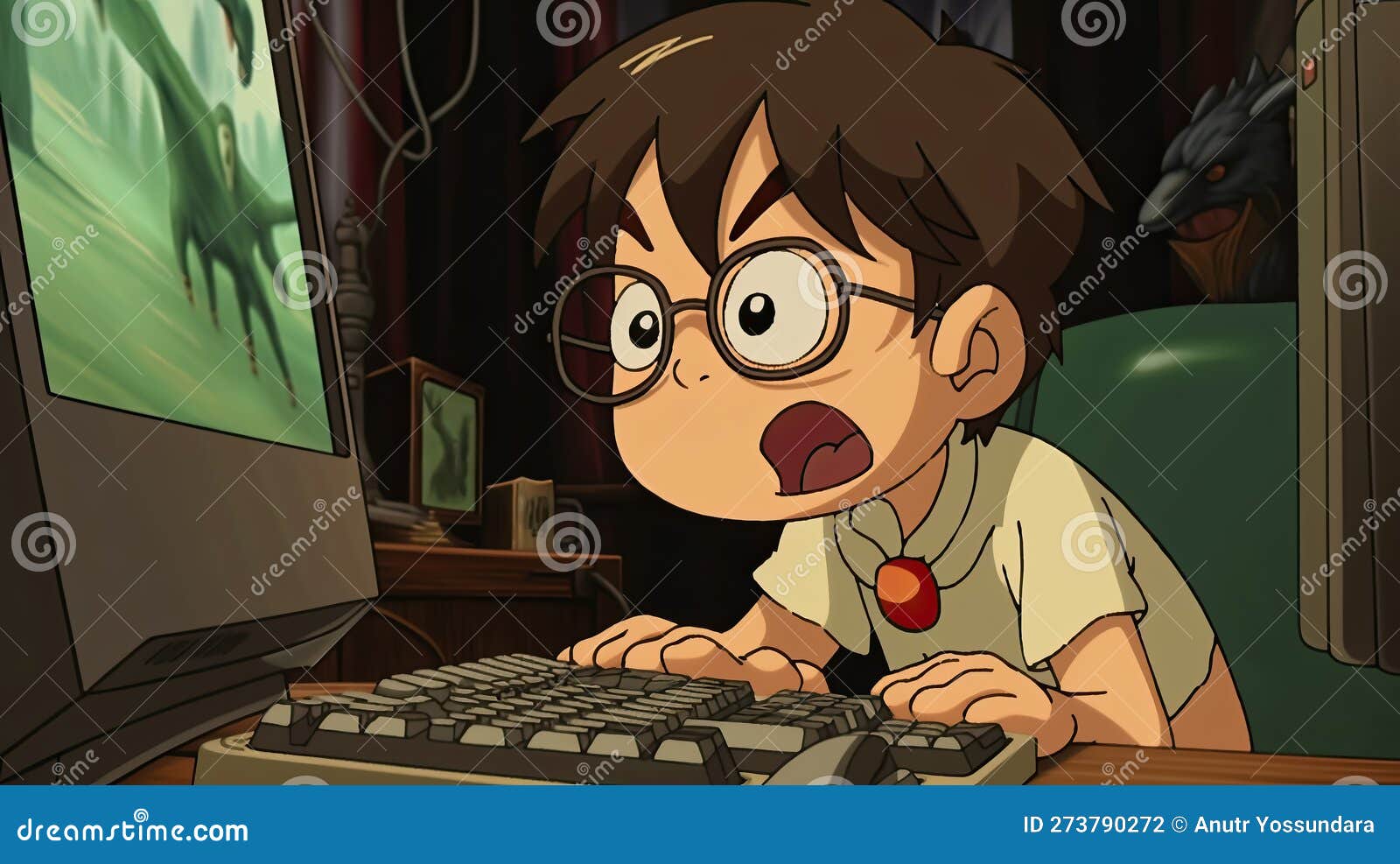 Surprised Kid is Playing Game on Computer in His Room Stock ...