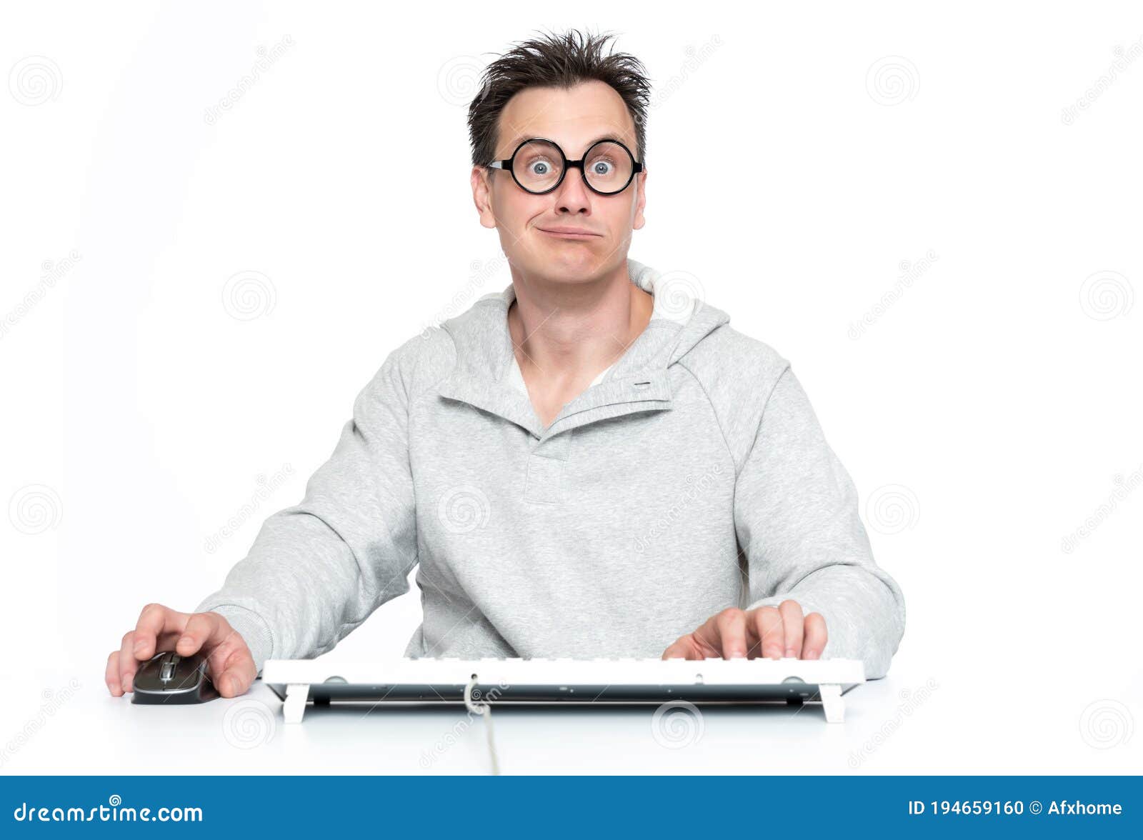 Funny Programmer Man With Keyboard In Front Of Computer Stock Image ...
