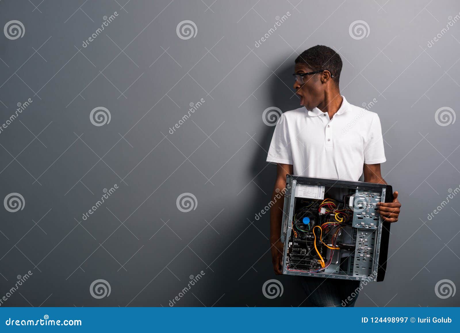 Surprised Man Holding Unscrewed Computer Stock Image - Image of device ...