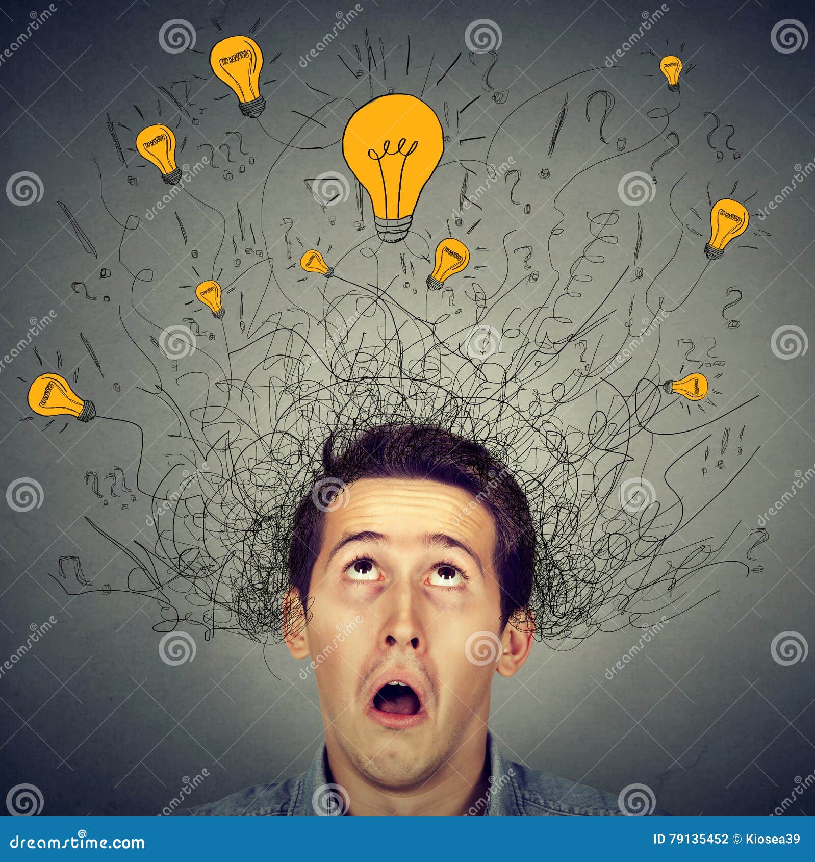Surprised Man with Many Ideas Light Bulbs Above Head Looking Up Stock ...