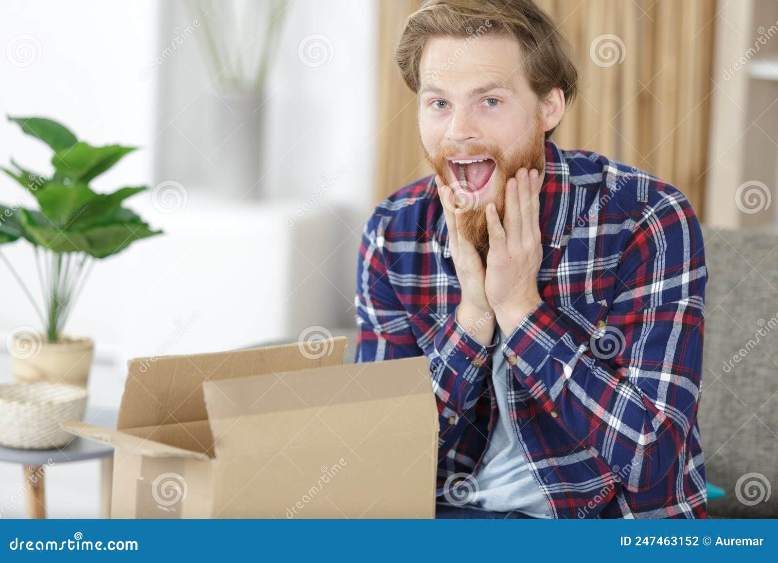 Surprised Man Opening Carton Box Stock Photo - Image of open, post ...