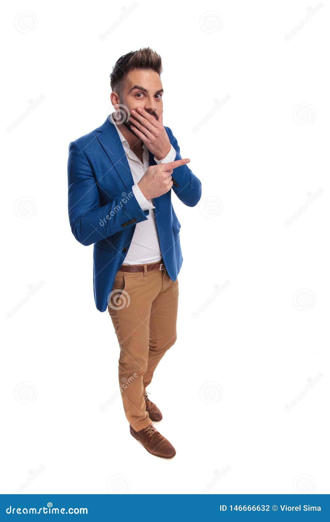 Surprised Man Pointing Finger while Standing with Hand at Beard Stock ... Surprised Man Pointing Finger while Standing with Hand at Beard Stock ...
