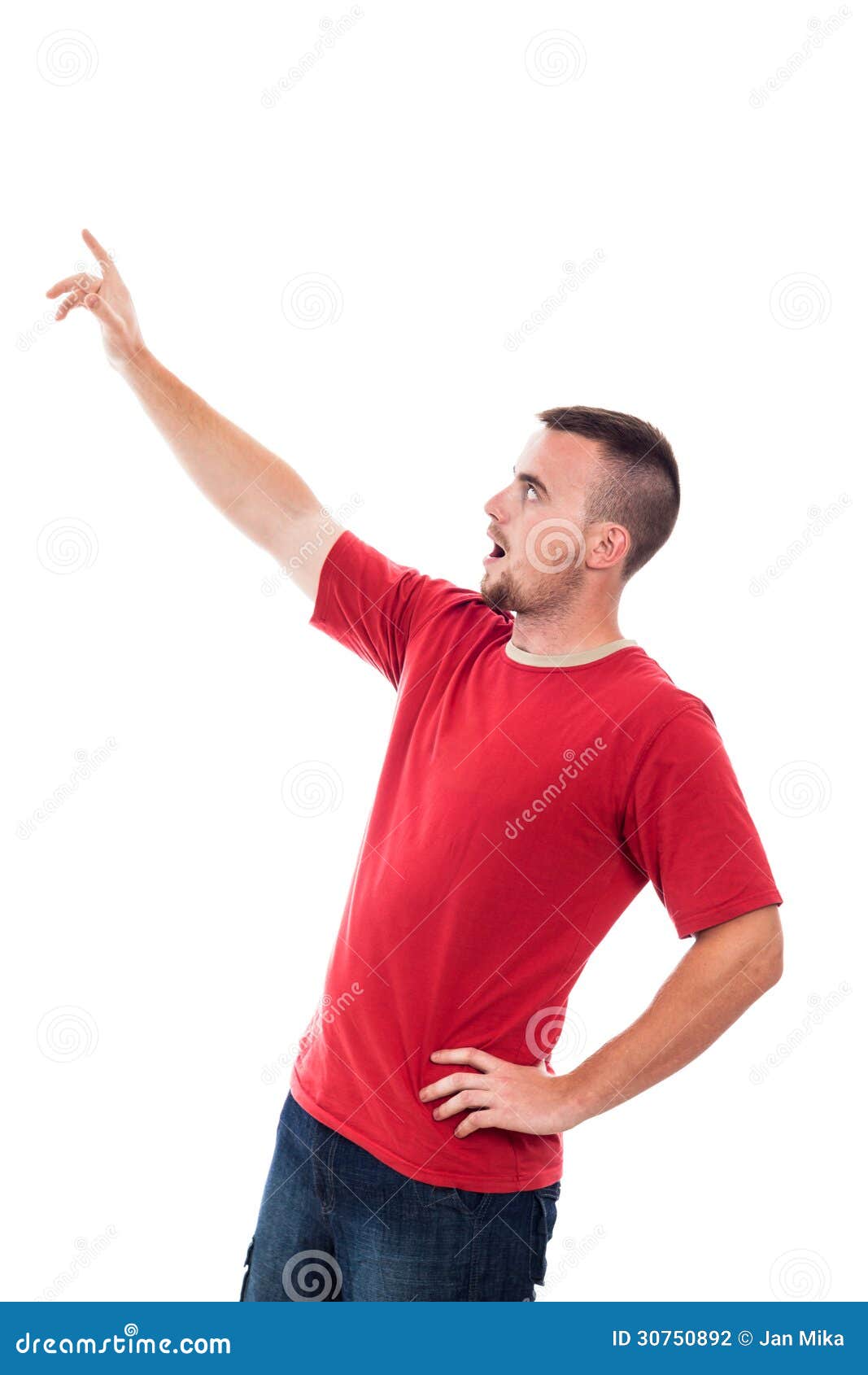Surprised man pointing up stock photo. Image of shock - 30750892
