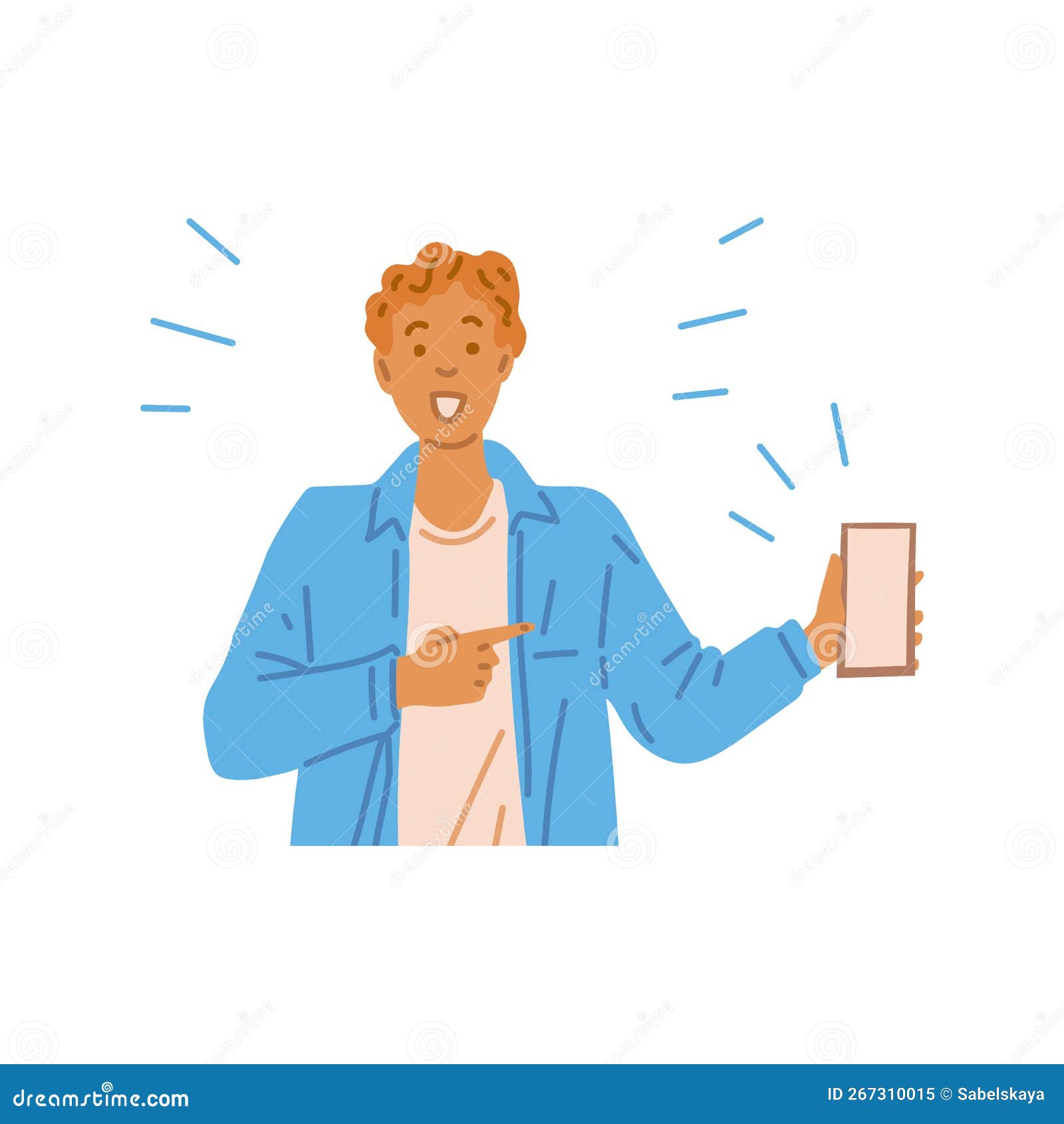 Surprised Man Points Finger at Mobile Phone, Flat Vector Illustration ...