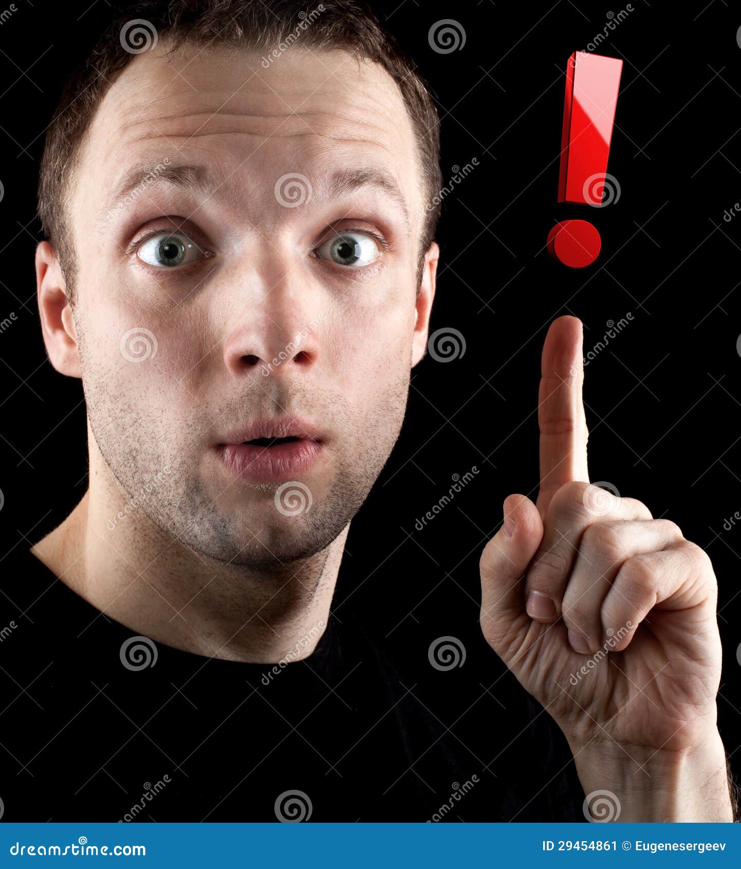 Surprised Man Shows Red Exclamation Mark Stock Image - Image of hand ...
