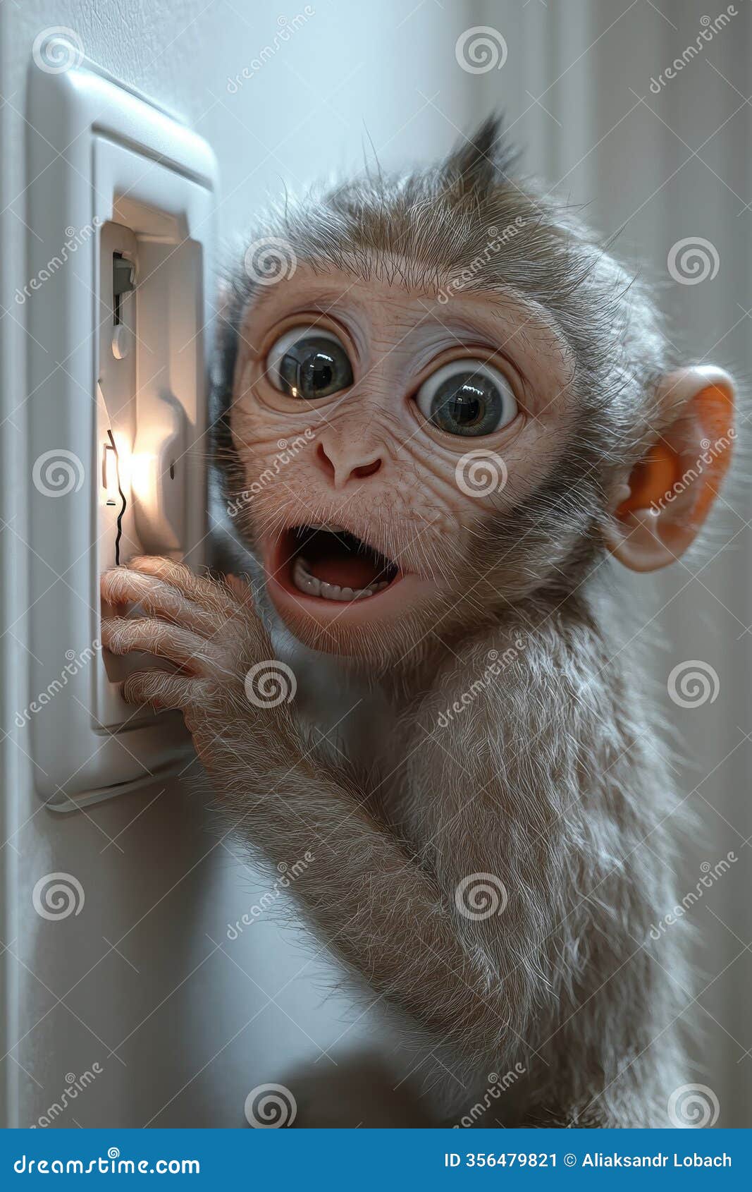 Surprised Monkey Curiously Touching a Wall Socket in a Brightly Lit ...
