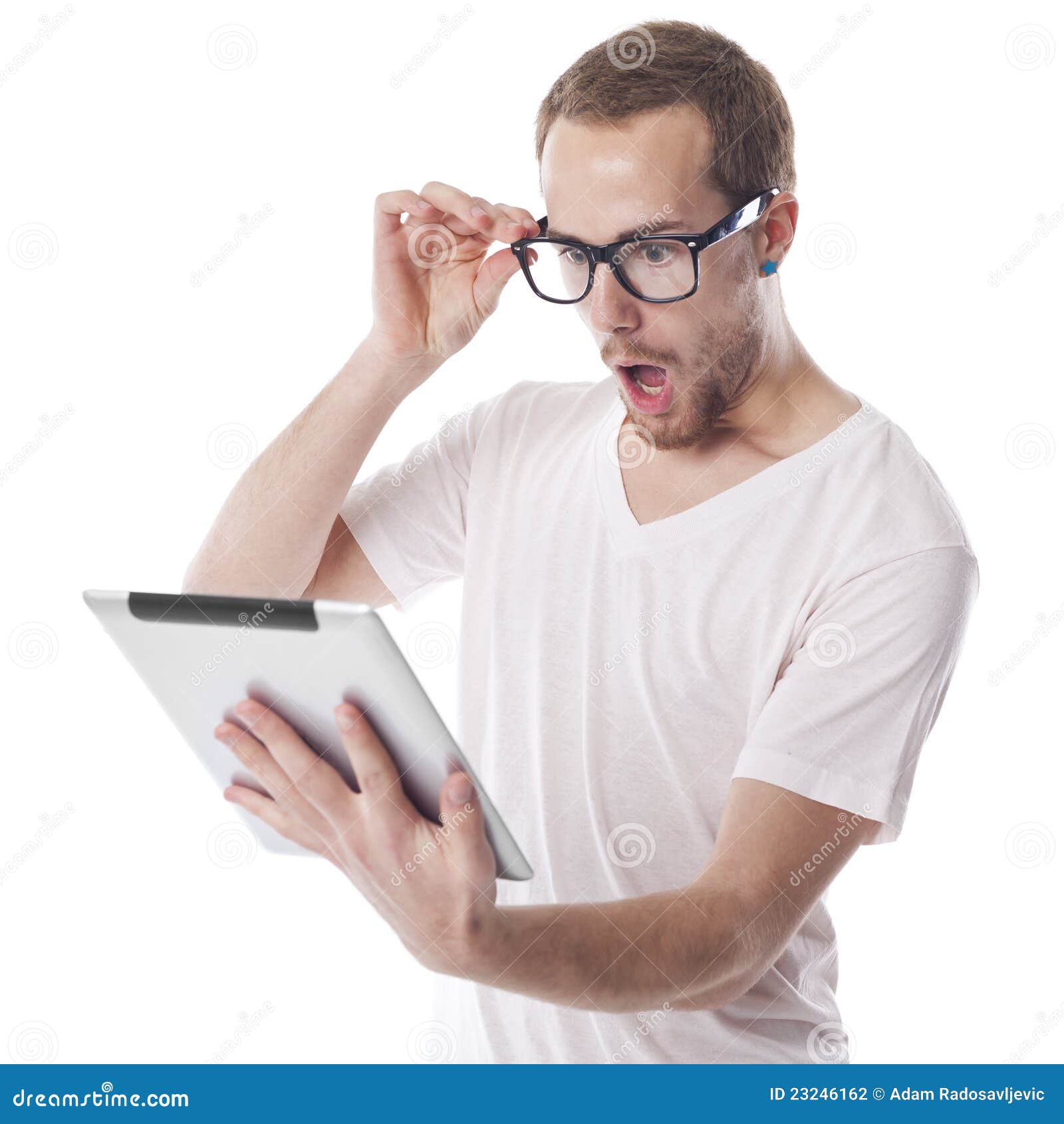 Surprised Nerd Man Looking at Tablet Computer Stock Photo - Image of ...